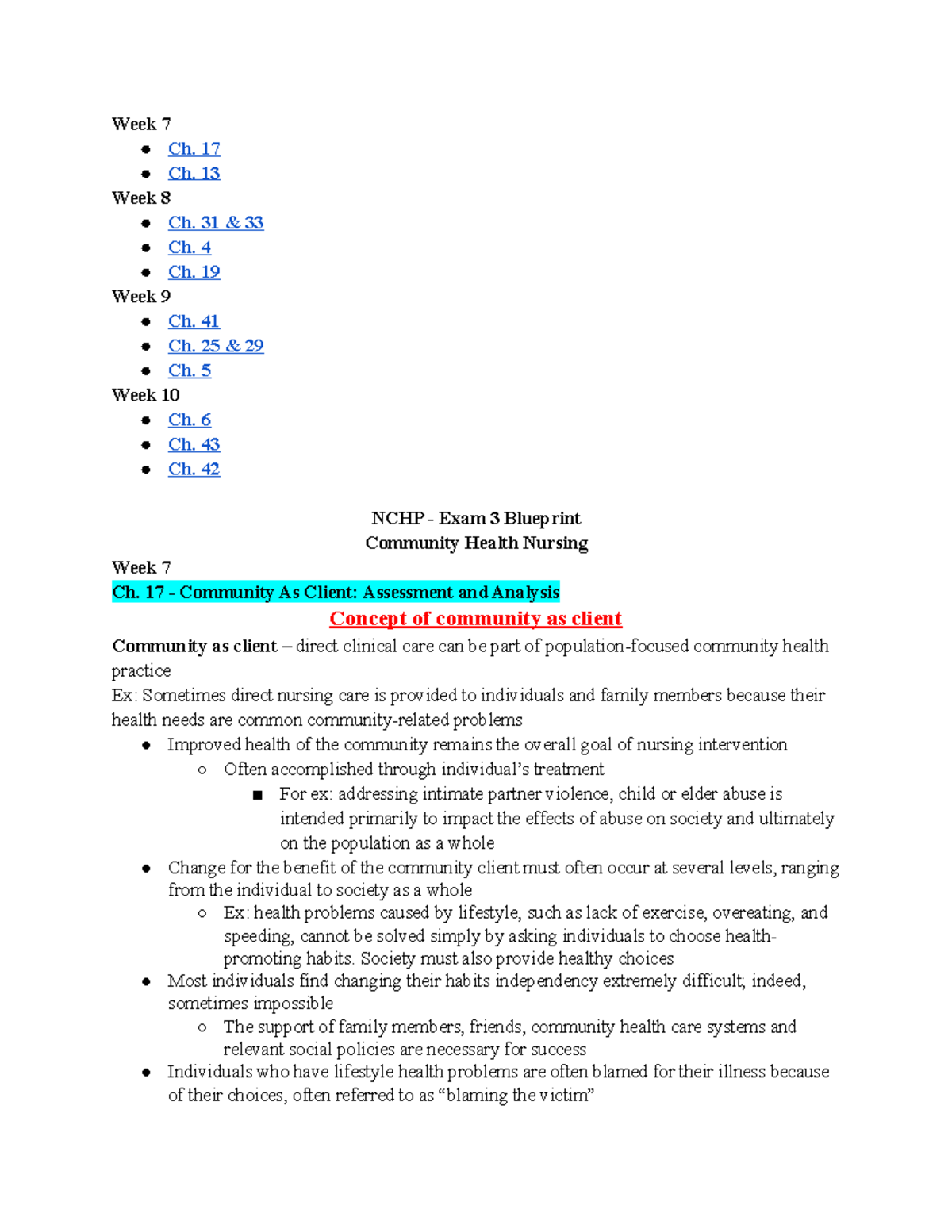 NCHP - Exam 3 Blueprint - Study guide - Week 7 Ch. 17 Ch. 13 Week 8 Ch ...