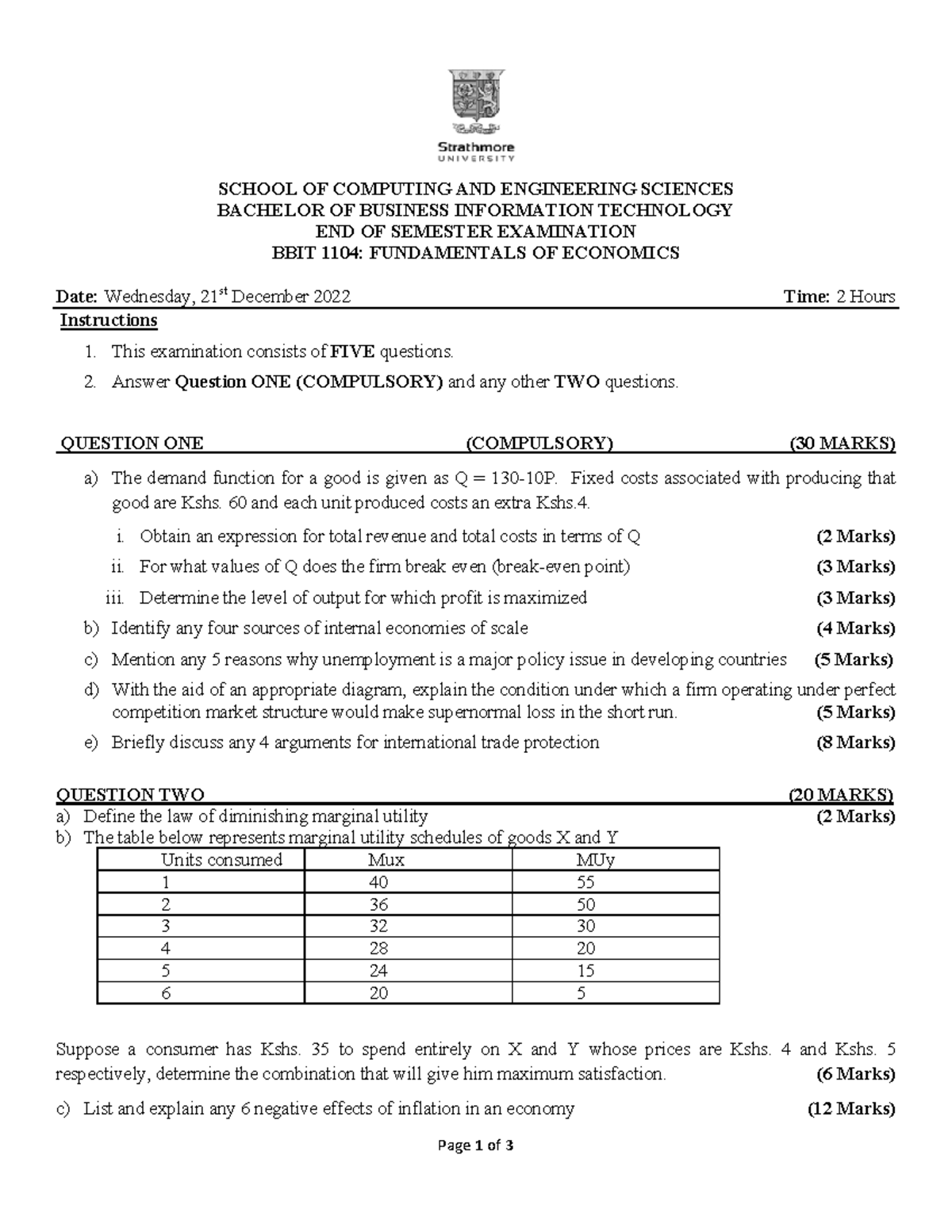 BBIT 1104 - Fundamentals of economics - December 2022 - Page 1 of 3 ...