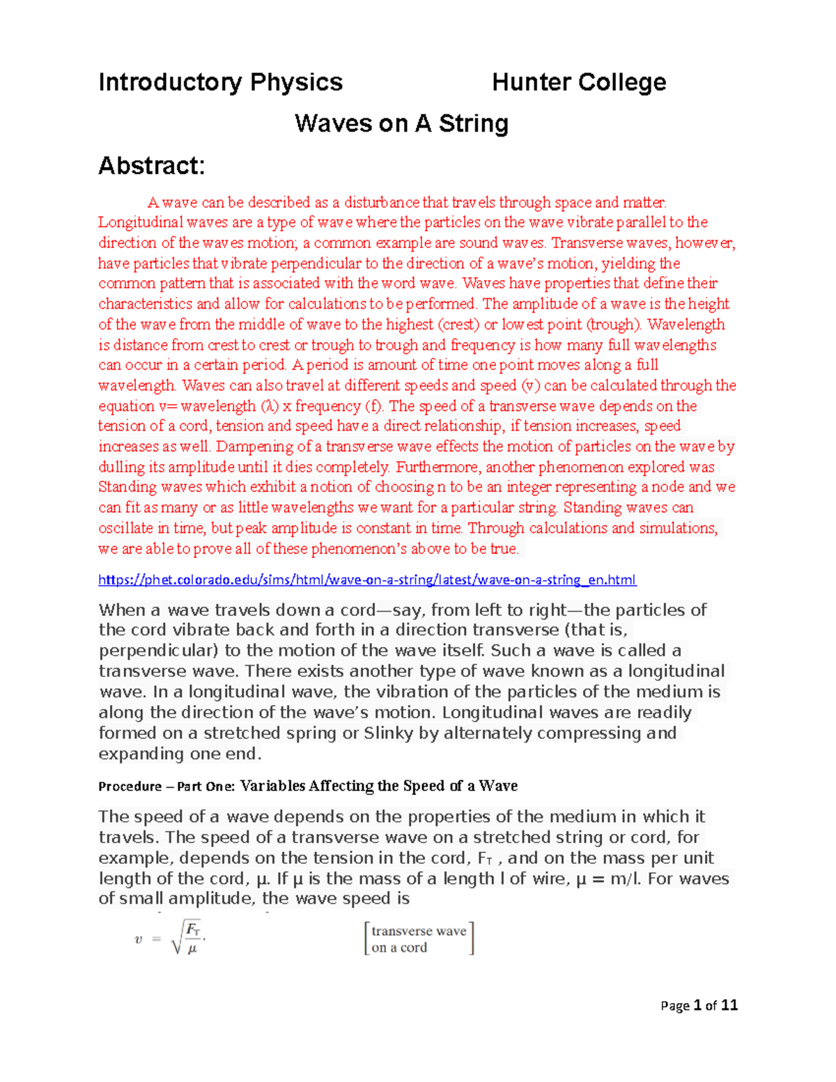 Lab 8 Waves on a String - Introductory Physics Hunter College Waves on ...