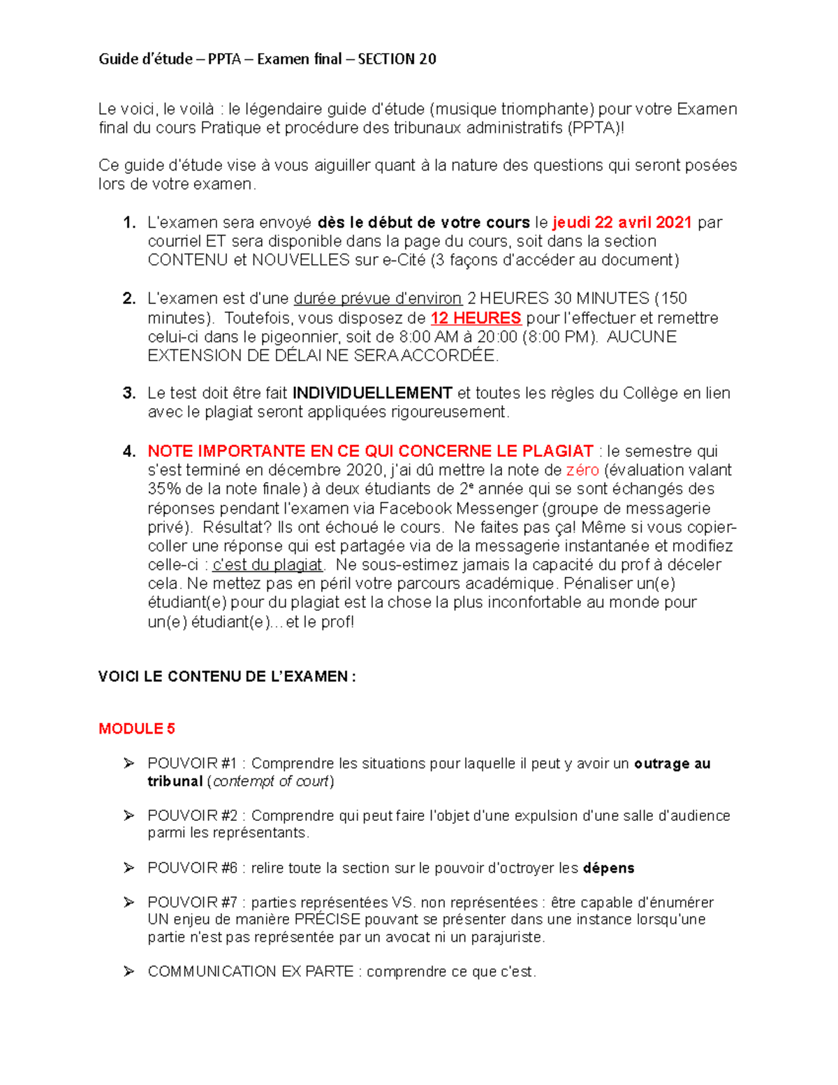 Guide d'étude - PPTA - Section 20 - Guide d’étude – PPTA – Examen final ...