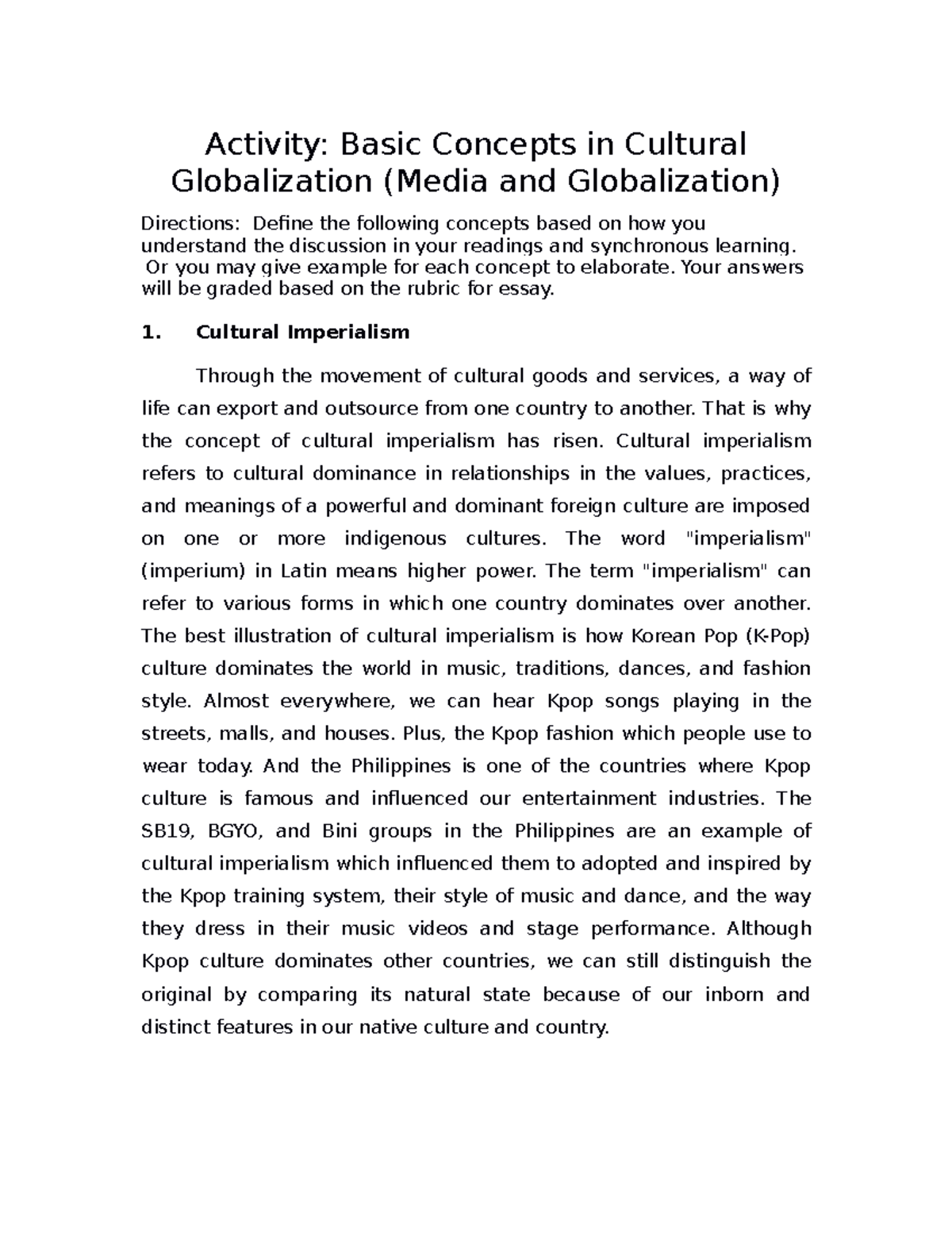 Activity on Contemporary World - Activity: Basic Concepts in Cultural ...