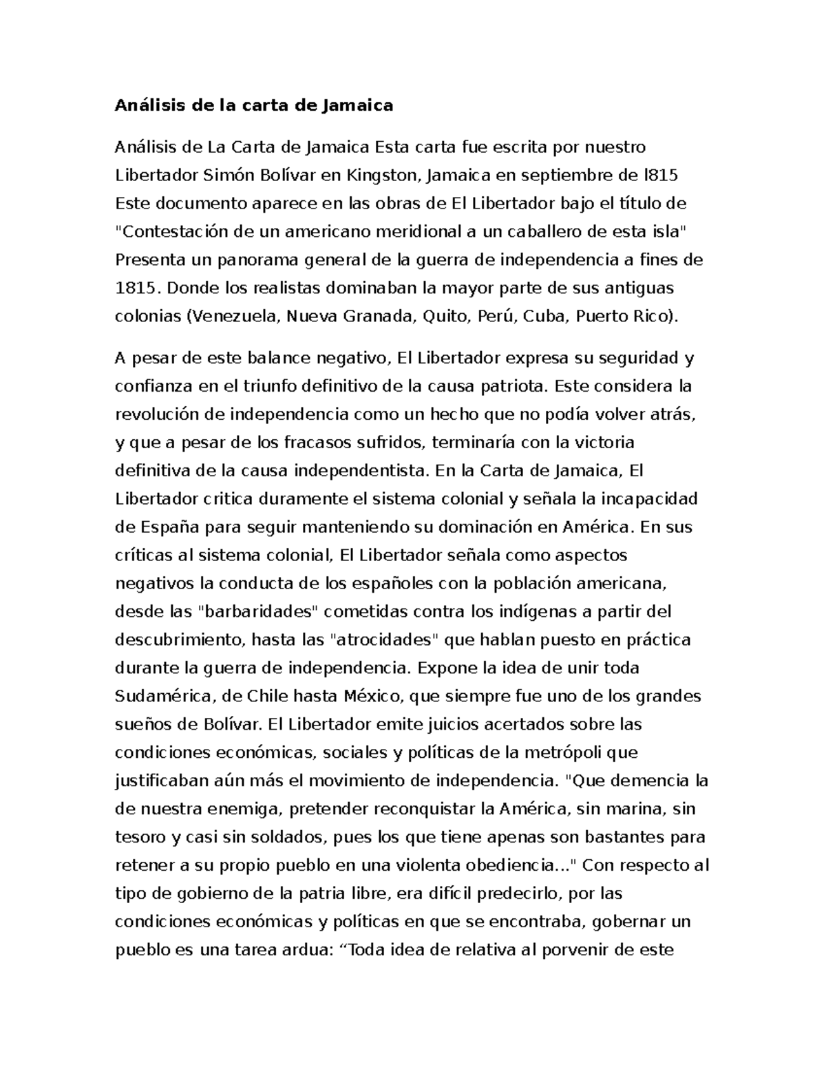 Análisis de la carta de Jamaica - Historia Contemporánea de Venezuela ...