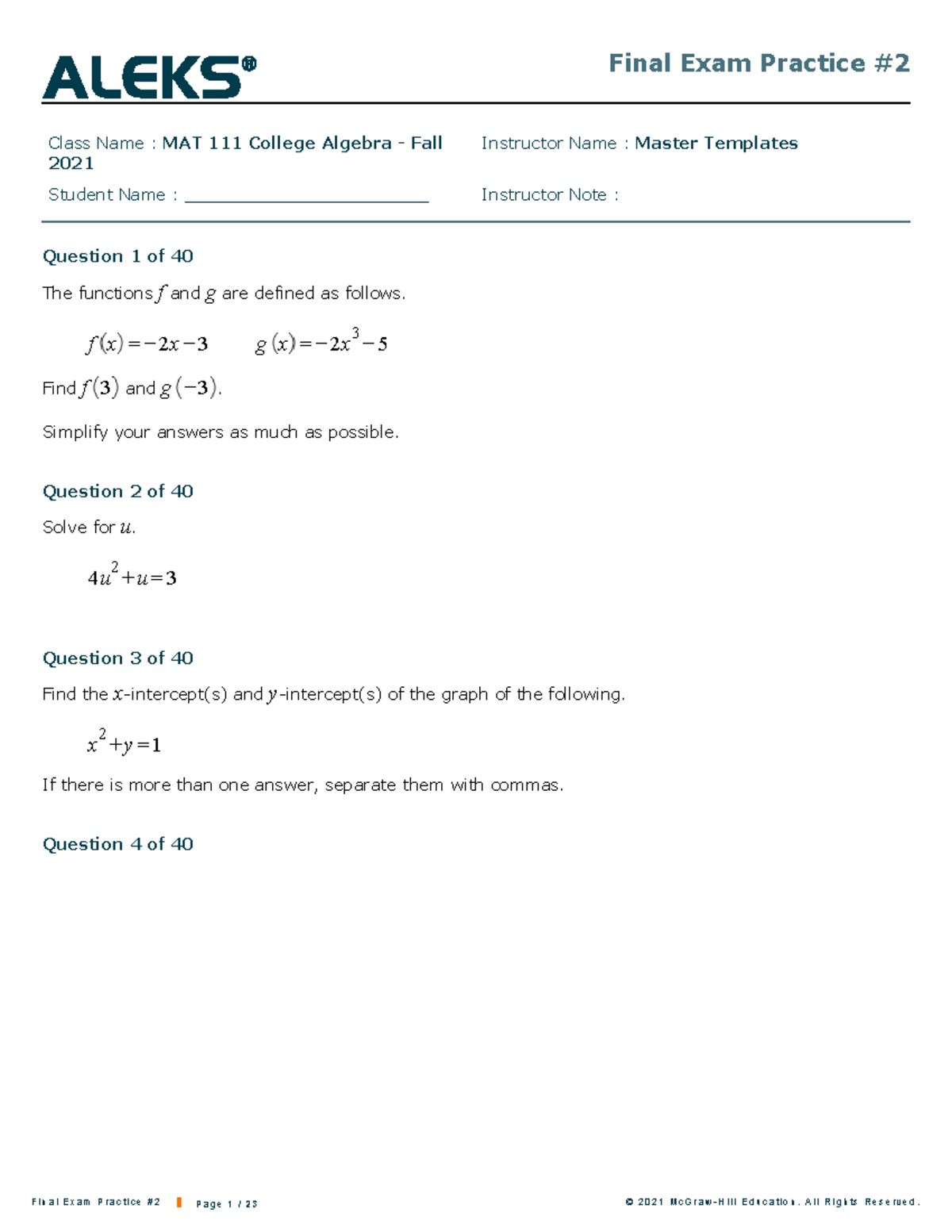 Final Exam Practice #2 - Final Exam Practice Class Name : MAT 111 ...