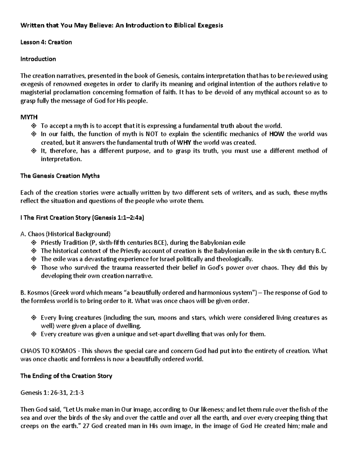 Lesson 4. Creation - This is a handout for our ReEd 2 class - Written ...