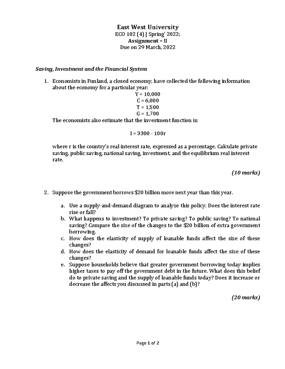 Eco 102 Assignment Ii Page 1 Of 2 East West University Eco 102 4