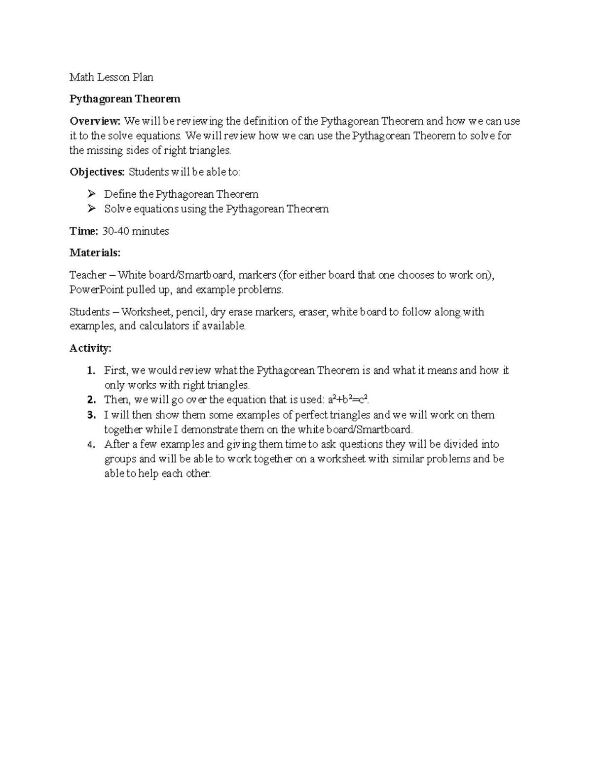 MAT151 Lesson Plan3 - Math Lesson Plan Pythagorean Theorem Overview: We ...