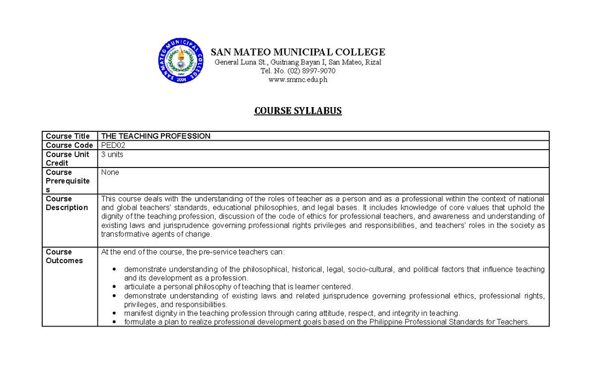 Course Syllabus PED02 The Teaching Profession - SAN MATEO MUNICIPAL ...