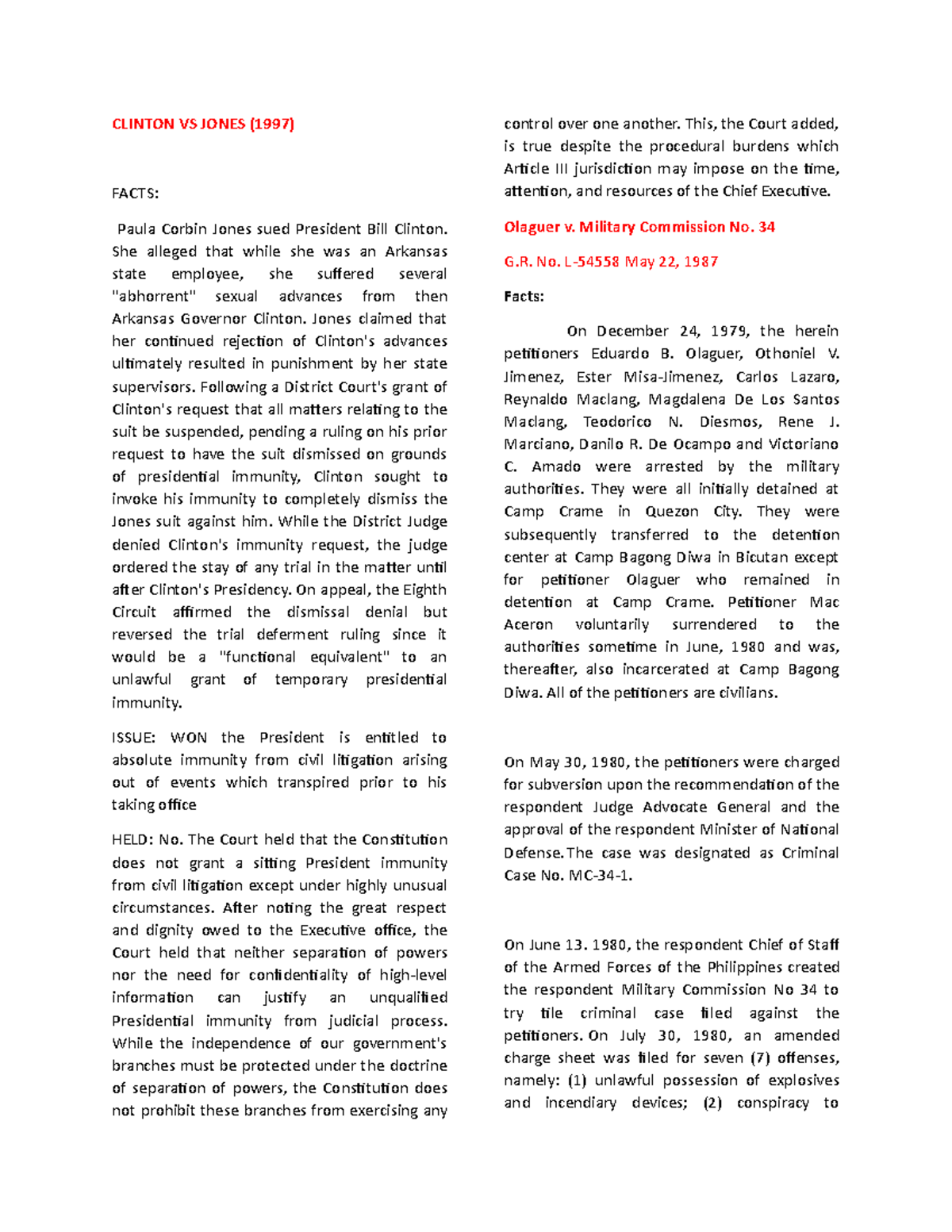 Executive Department CASE Digest - CLINTON VS JONES (1997) FACTS: Paula ...