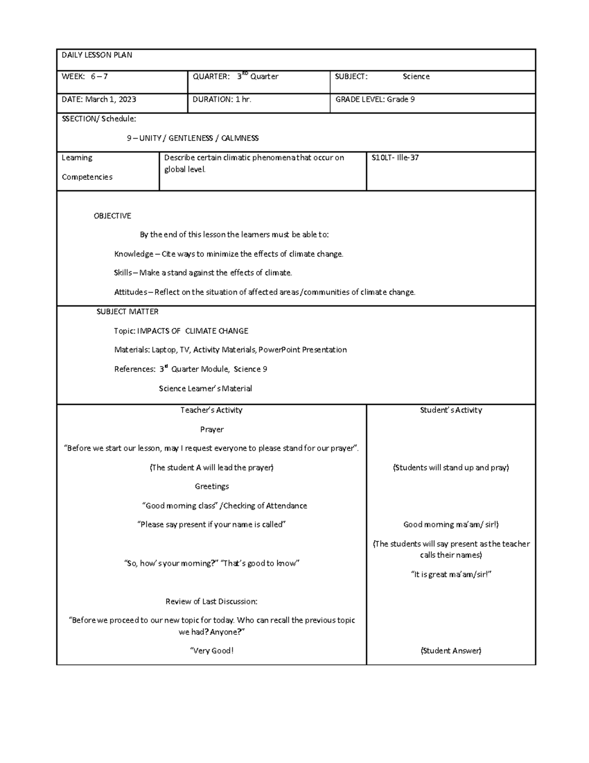 LP - Impacts-OF- Climate- ChangE - DAILY LESSON PLAN WEEK: 6 – 7 ...