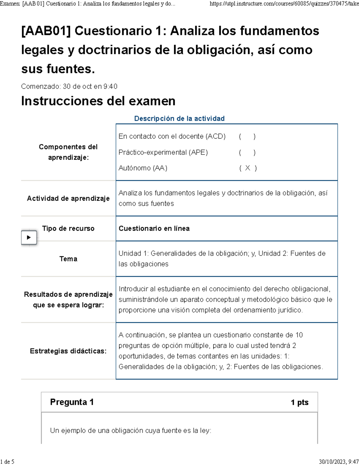 Examen [AAB01] Cuestionario 1 Analiza los fundamentos legales y ...