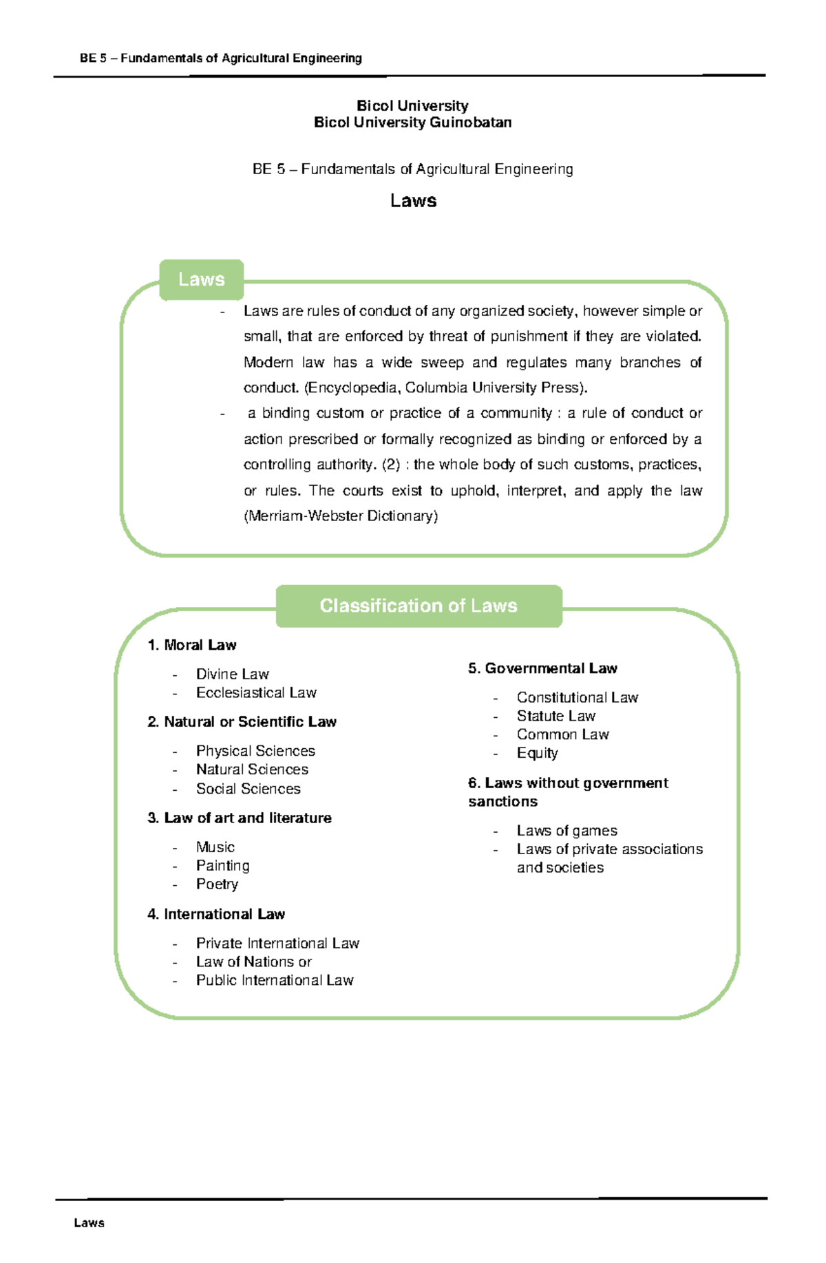 Handout-Laws-3 - ..... - Bicol University Bicol University Guinobatan ...