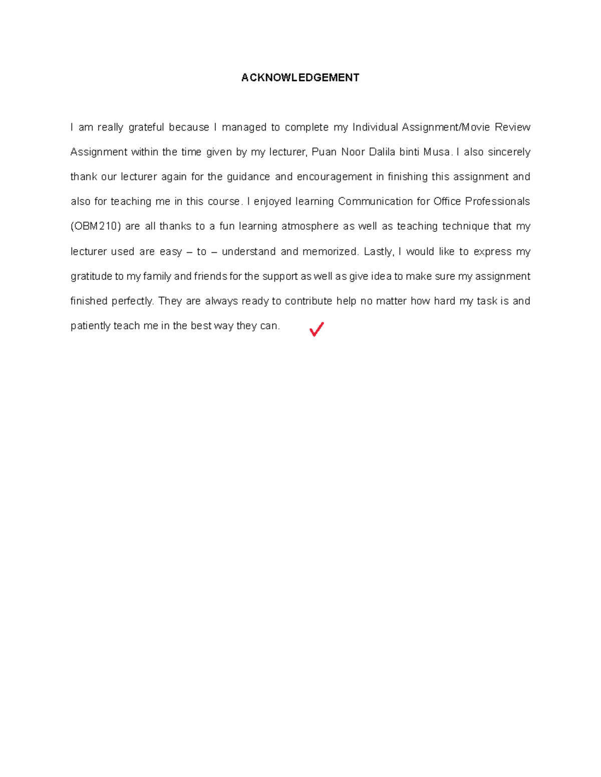 Sample of the Movie Assignment - ACKNOWLEDGEMENT I am really grateful ...