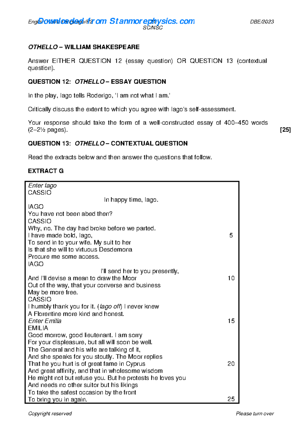 2023- Othello Extract+ Questions - SC/NSC OTHELLO – WILLIAM SHAKESPEARE ...