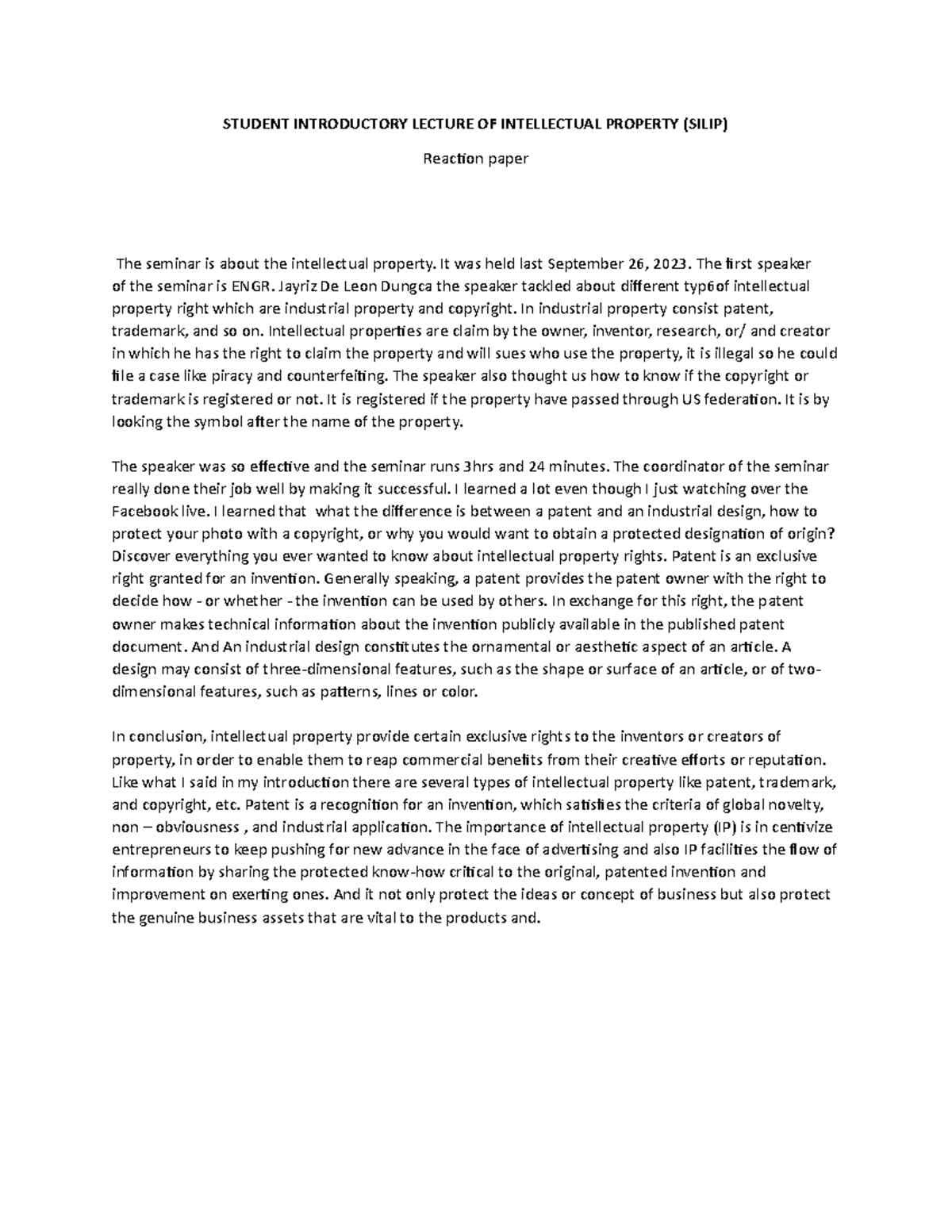 Document - Intellectual property (Reaction paper) - STUDENT ...