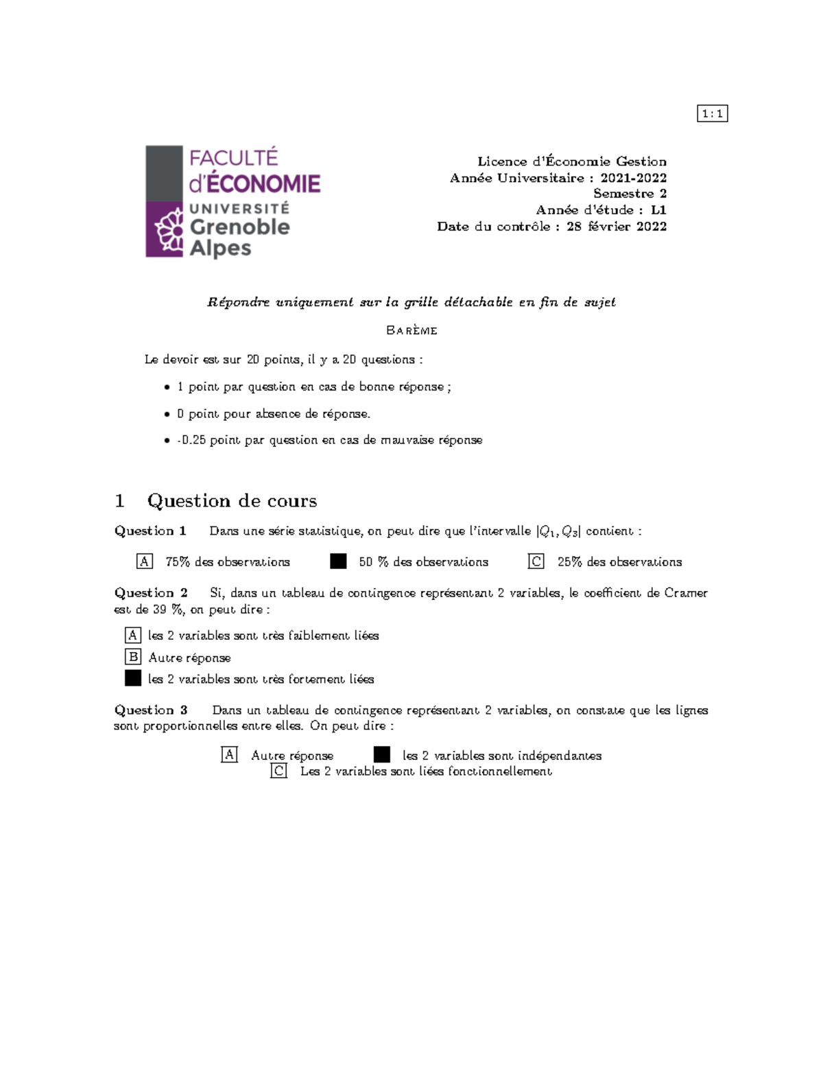 Annales statistiques descriptives L1 - Licence d’ ́Economie Gestion Ann ́ee Universitaire : 2021 ...