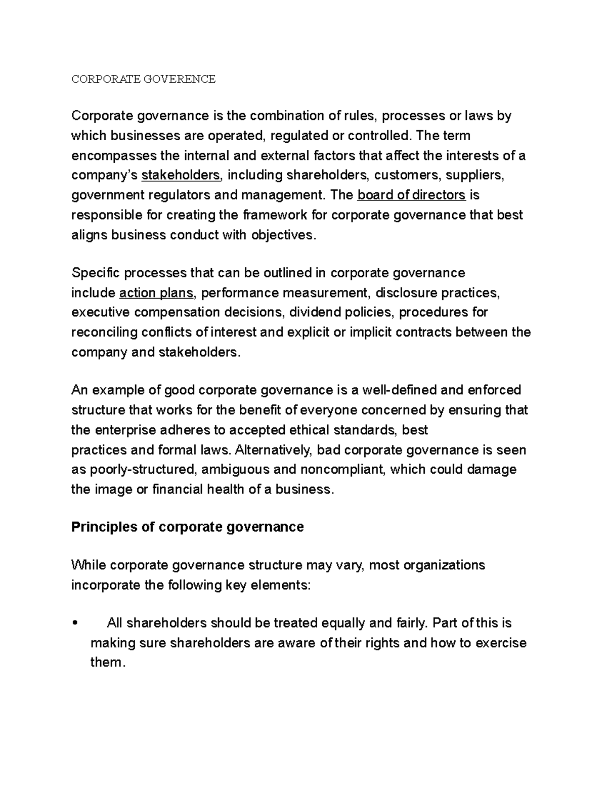 Corporate Goverence - NOTES - CORPORATE GOVERENCE Corporate governance ...