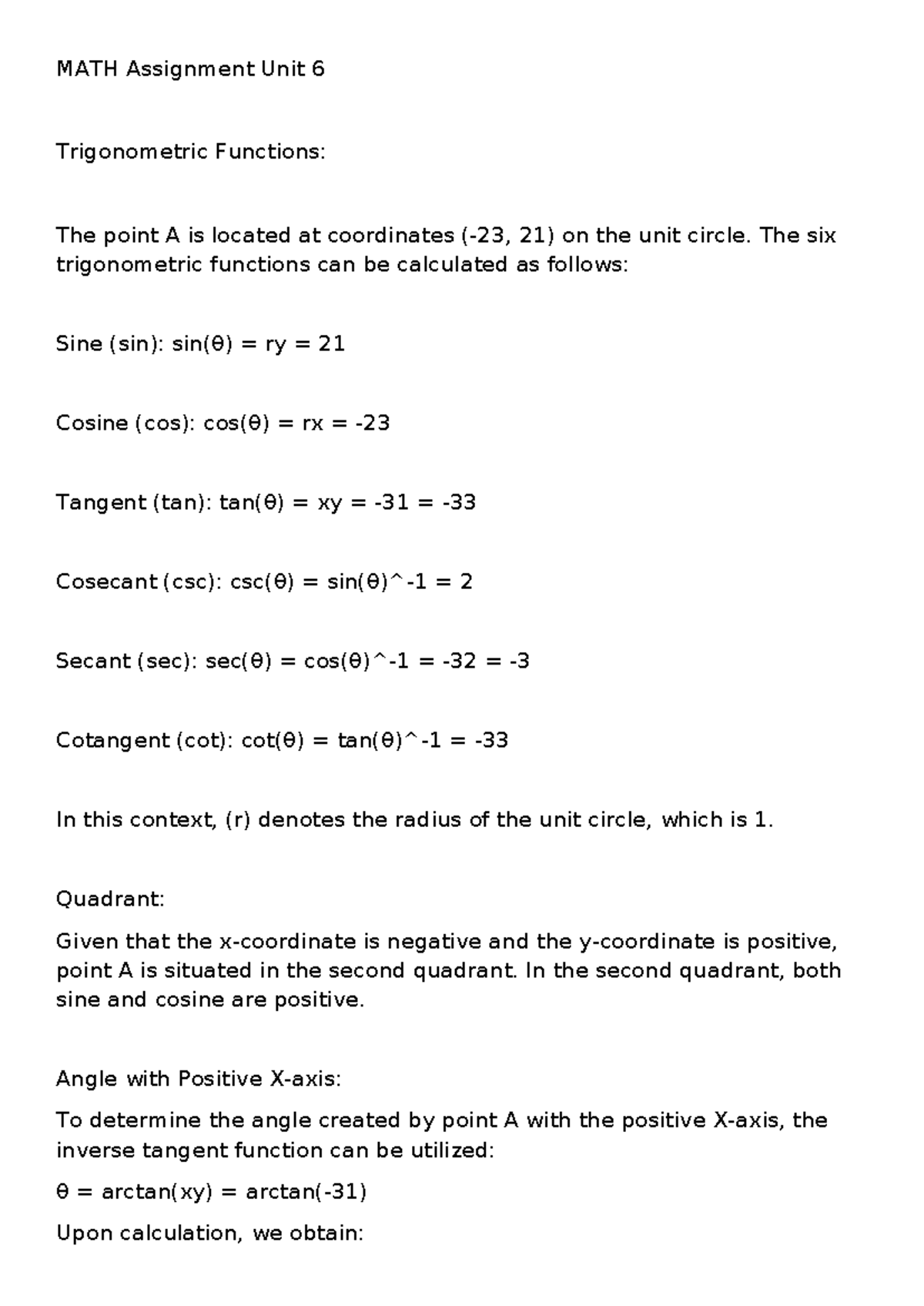 MATH Assignment Unit 6 - assess your skills of solving trigonometric ...