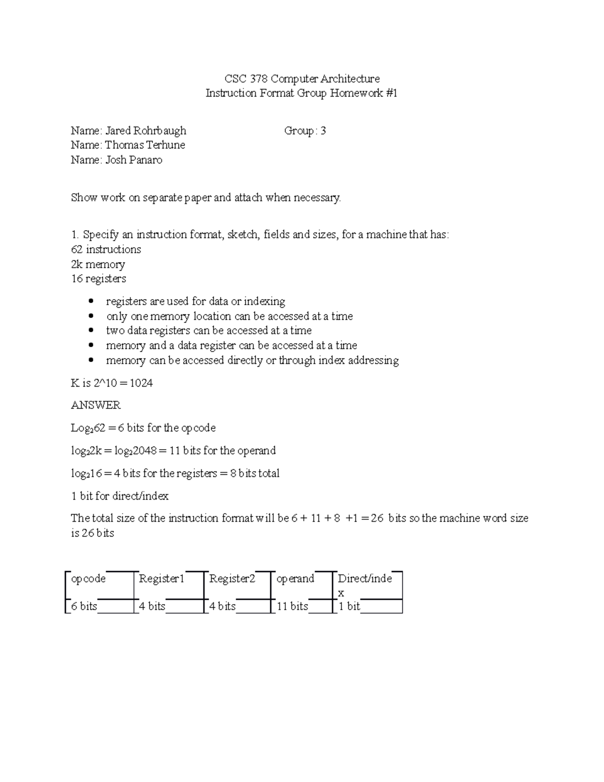 Csc378hw1 N A Csc 378 Computer Architecture Instruction Format Group Homework Name Jared