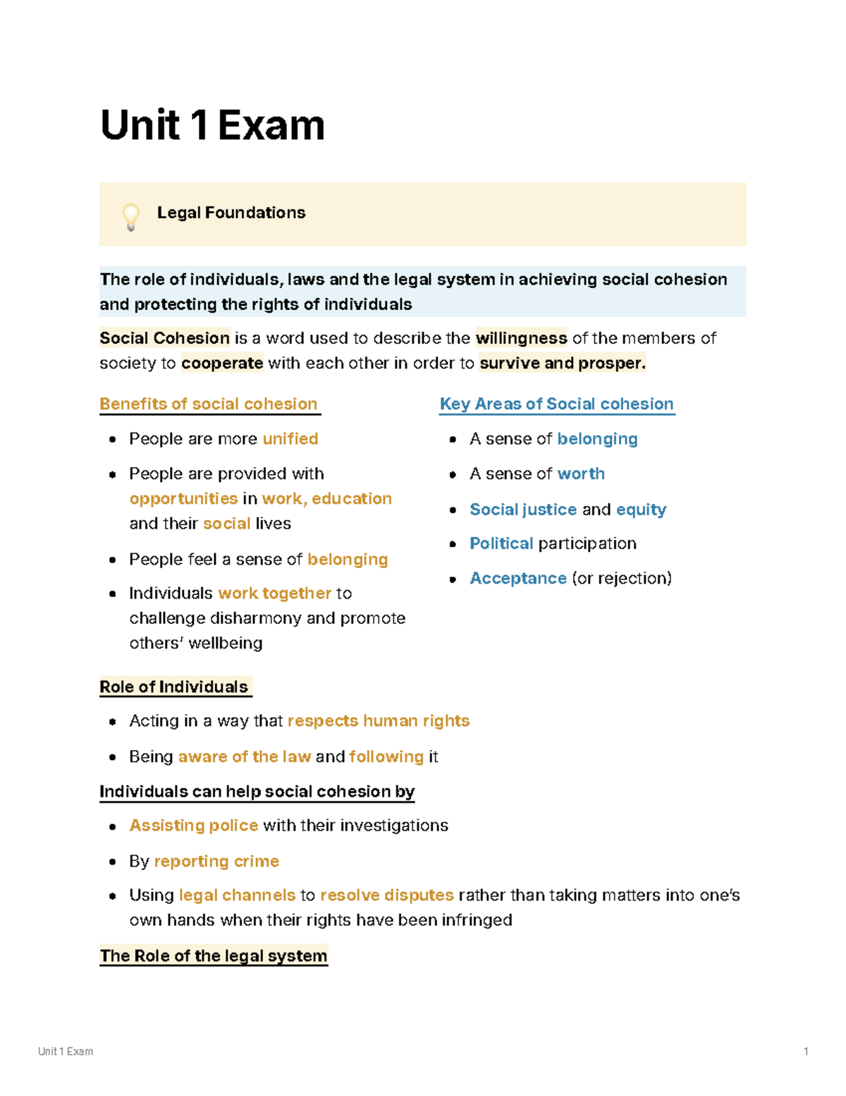 Legalunit 1 Notes - Unit 1 Exam 💡 Legal Foundations The role of ...