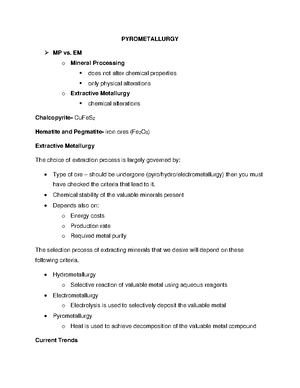 Note - Lecture Note about Pyrometallurgy - PYROMETALLURGY MP vs. EM o ...