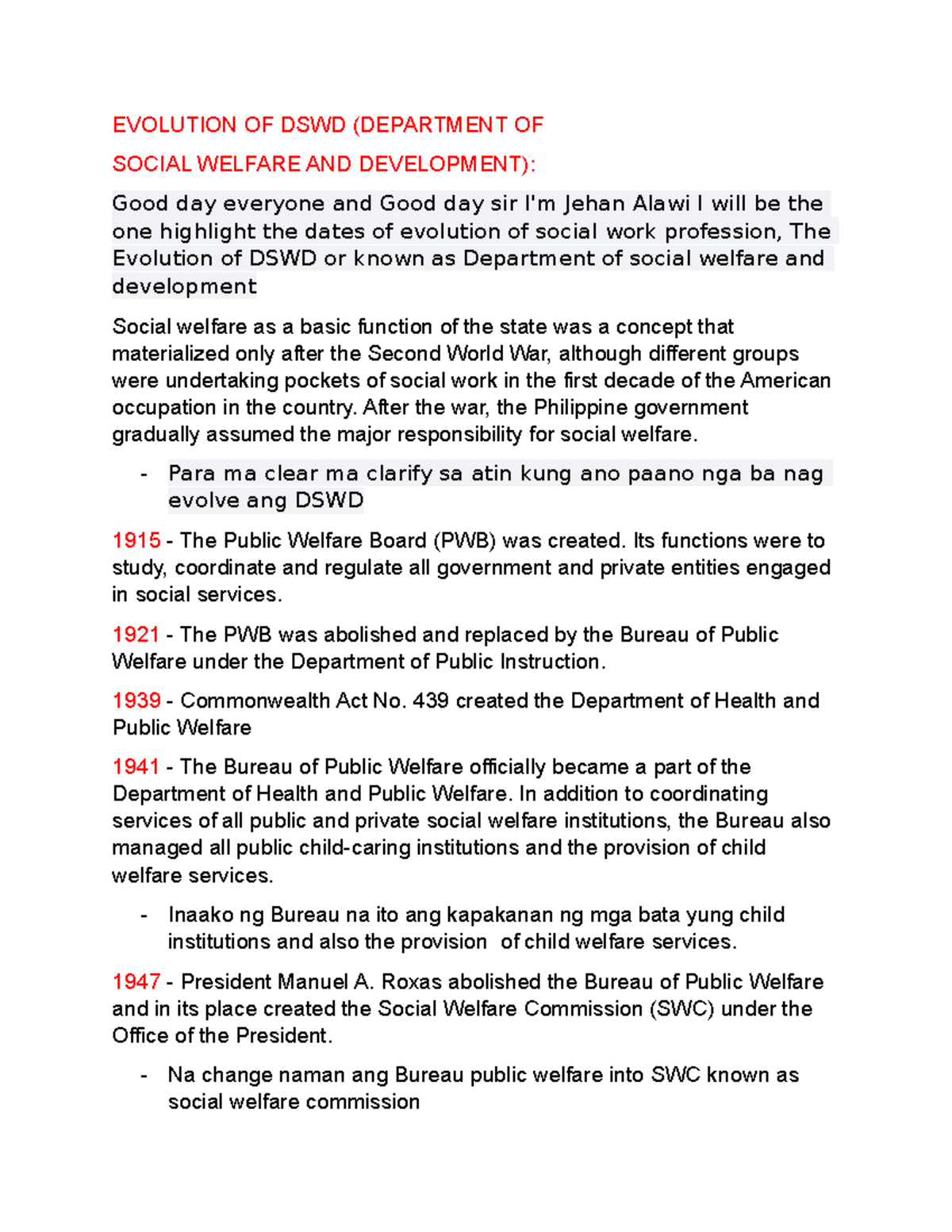 Evolution OF DSWD highlights - EVOLUTION OF DSWD (DEPARTMENT OF SOCIAL ...