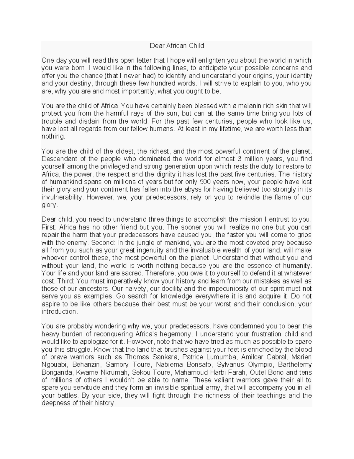 Dear African Child- essay - Dear African Child One day you will read ...