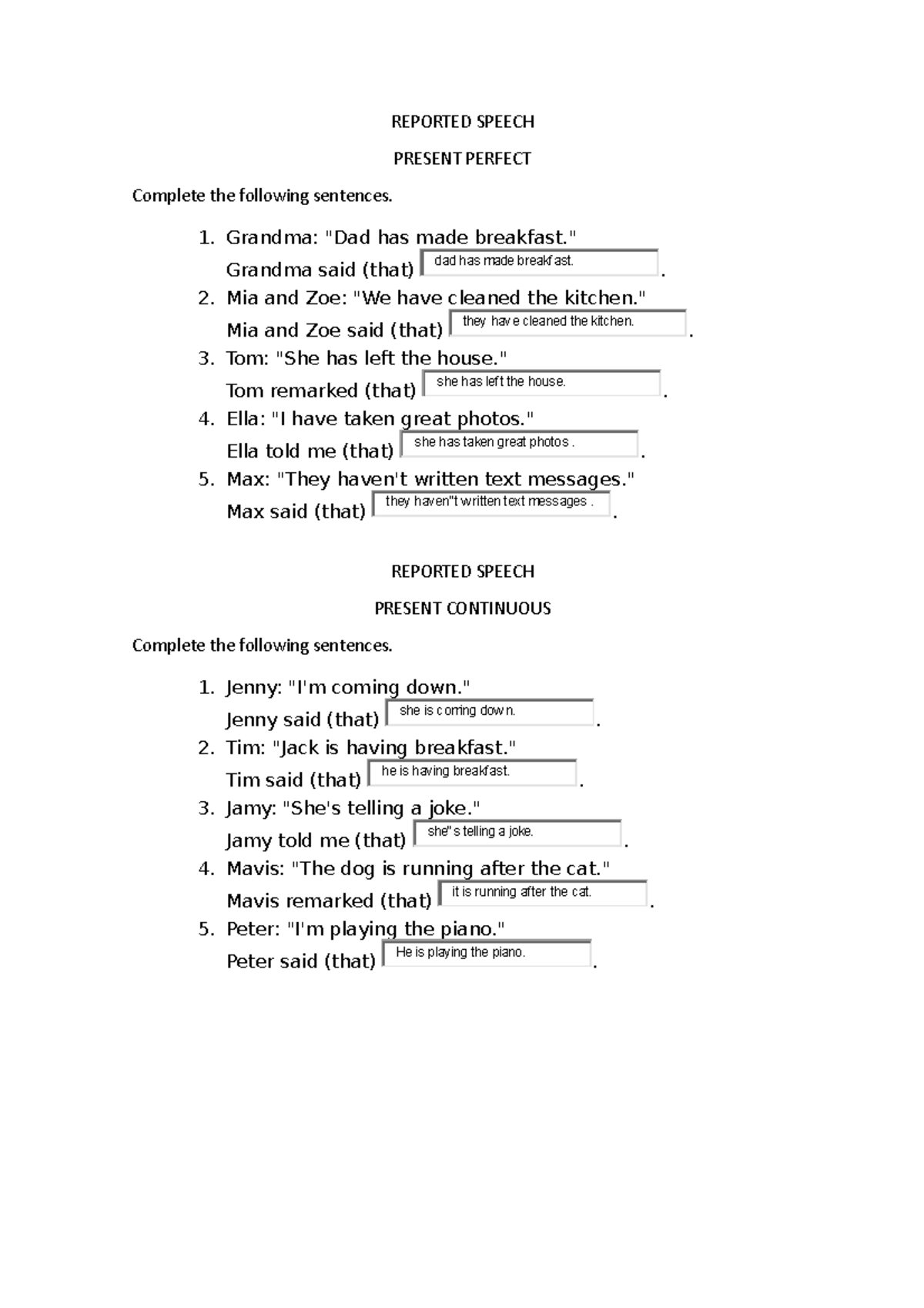 Reported Speech - Additional Exercises Victor Ramos - REPORTED SPEECH ...