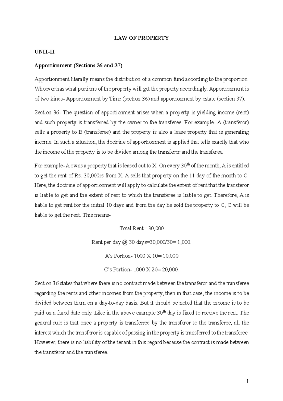 Mod-2 - Law of property notes - LAW OF PROPERTY UNIT-II Apportionment ...