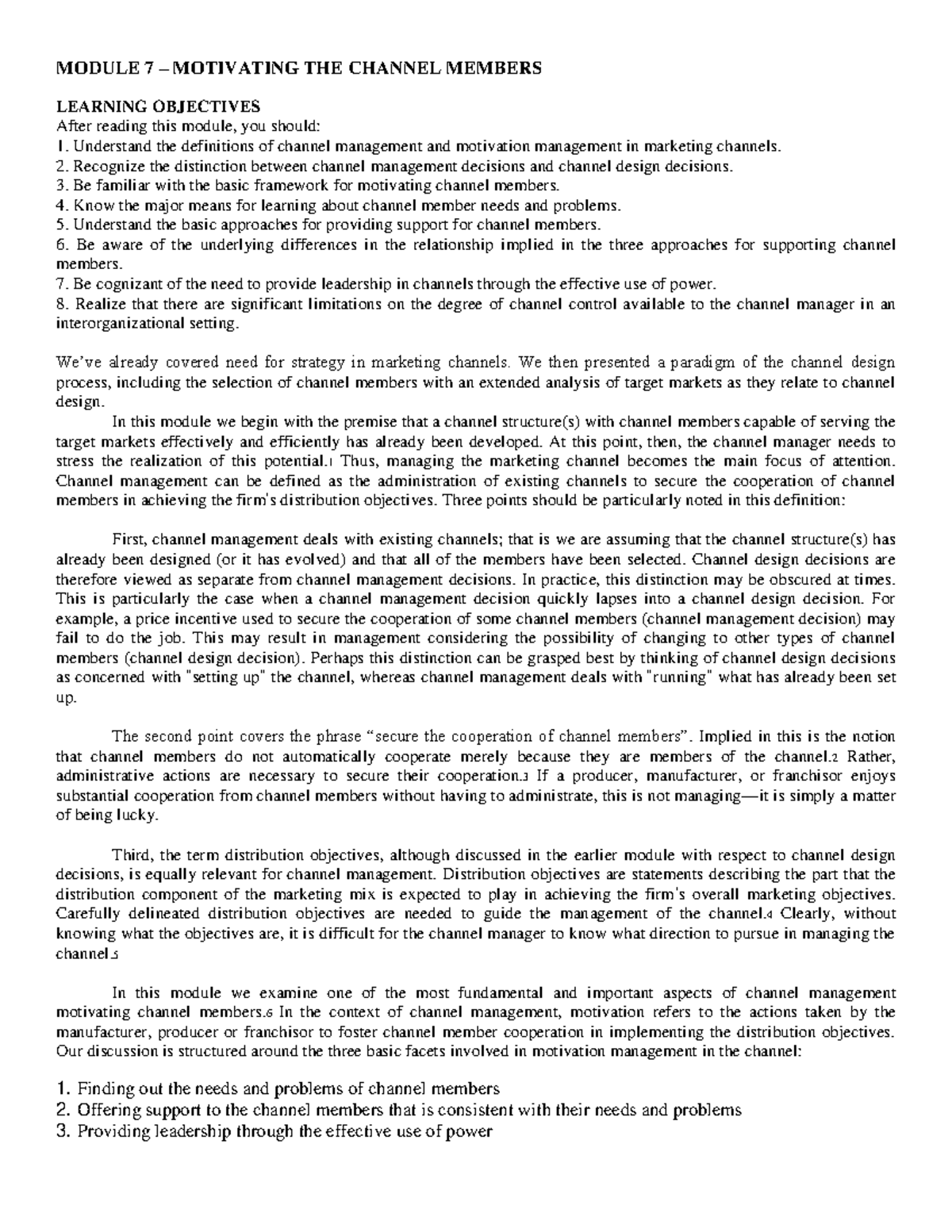 Mktg 3104 - Module 7 - Motivating the Channel Members - MODULE 7 ...