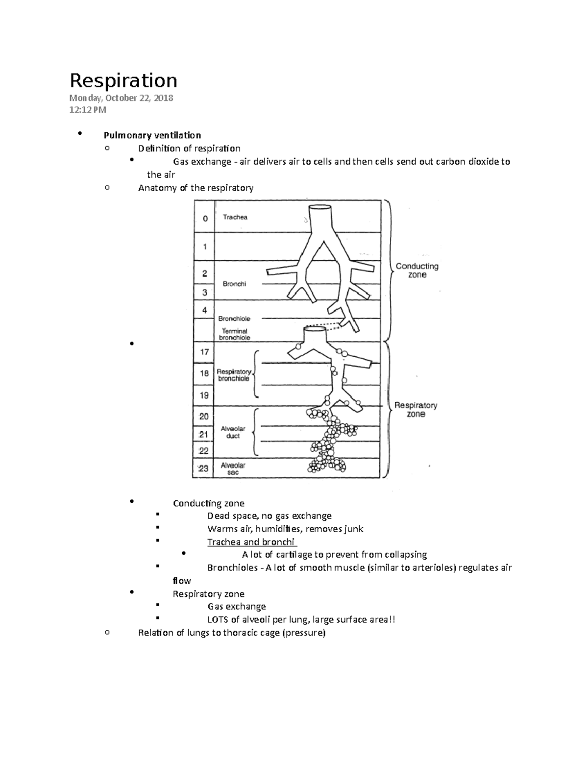 Respiration - Lecture notes 1 - Respiration Monday, October 22, 2018 12 ...