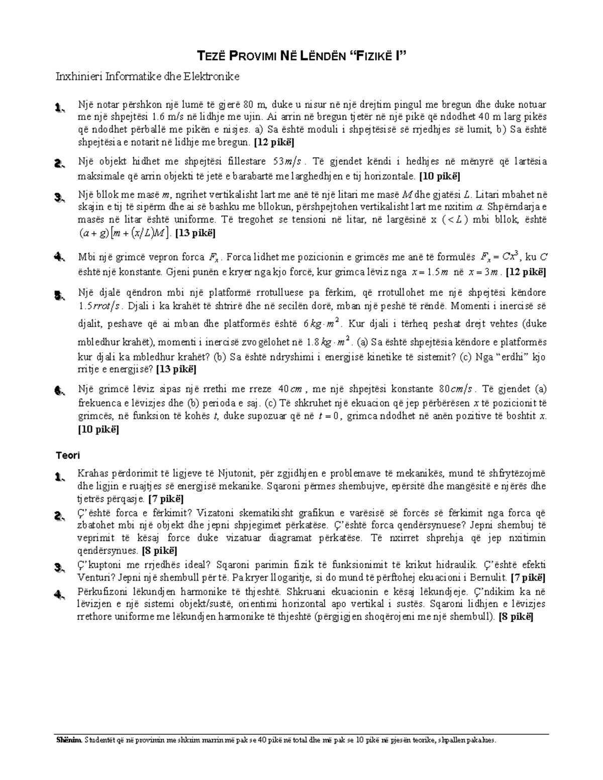 Teza Provimi (Fizika I) - Inxhinieri Informatike dhe Elektronike 1 1 1 ...