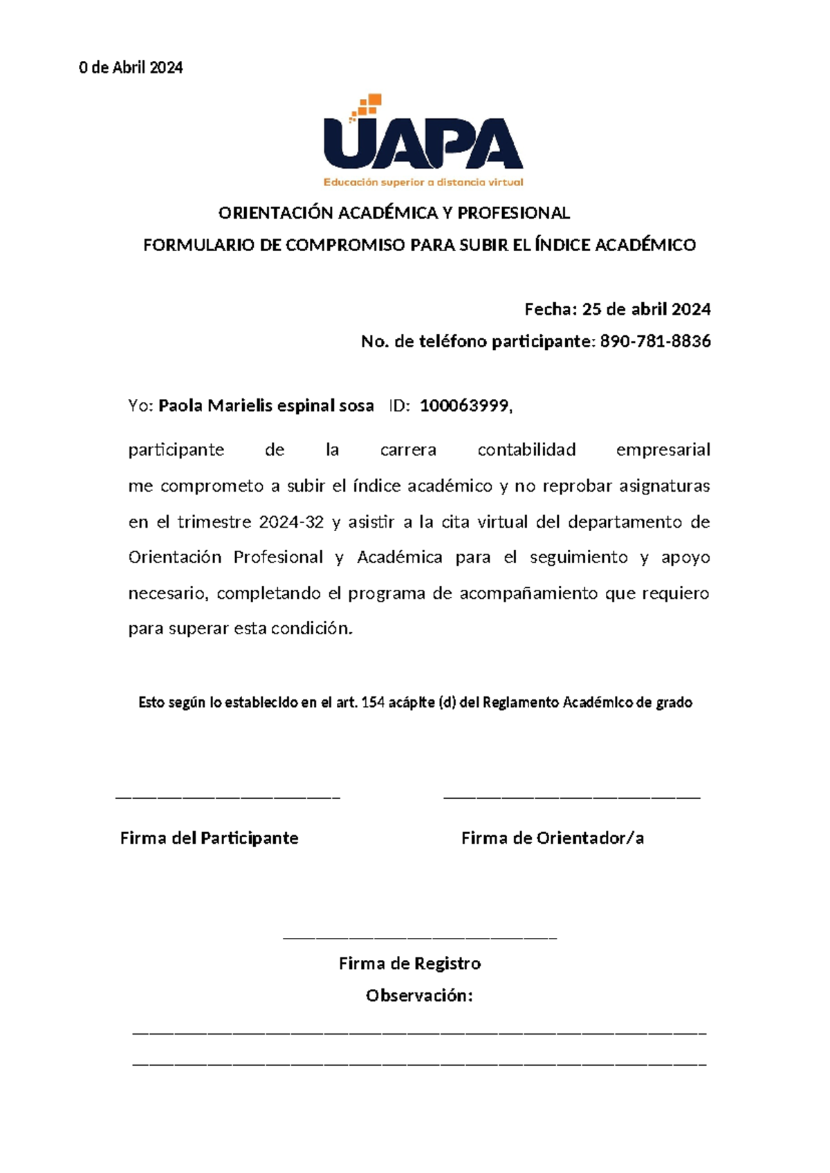 Formulario DE Compromiso A Subir EL Indice - 0 de Abril 2024 ...