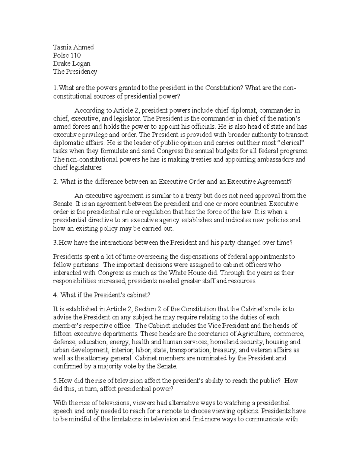 Polsccc 54 - questions and answers about the powers of the president ...