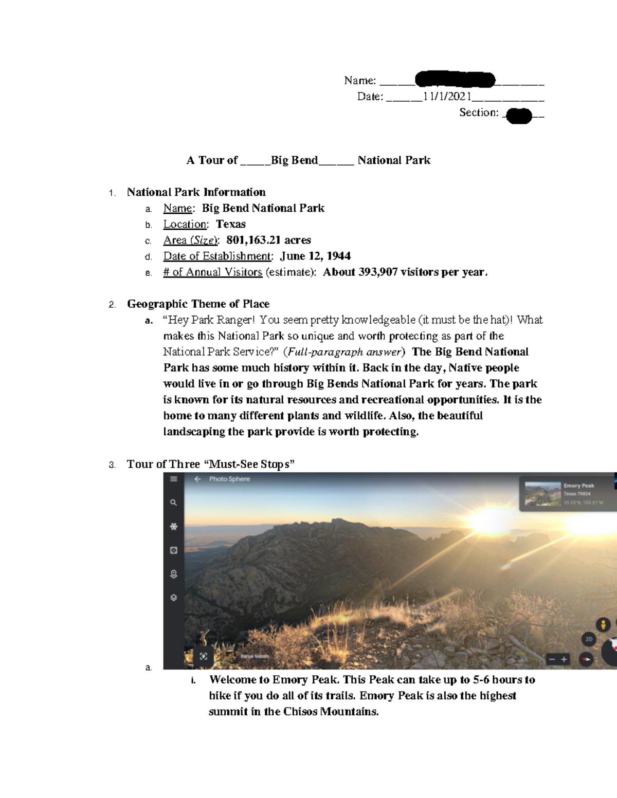 Be a National Park Service Ranger - Name: Aaliyah Jones____ Date: 11/1 ...