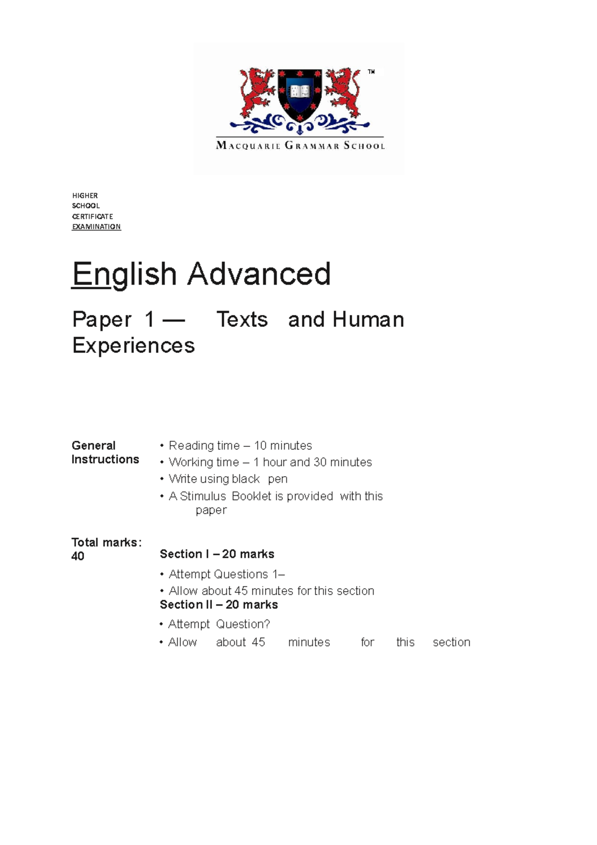 2019 hsc ADV ENG paper 1 practice 4 - HIGHER SCHOOL CERTIFICATE ...