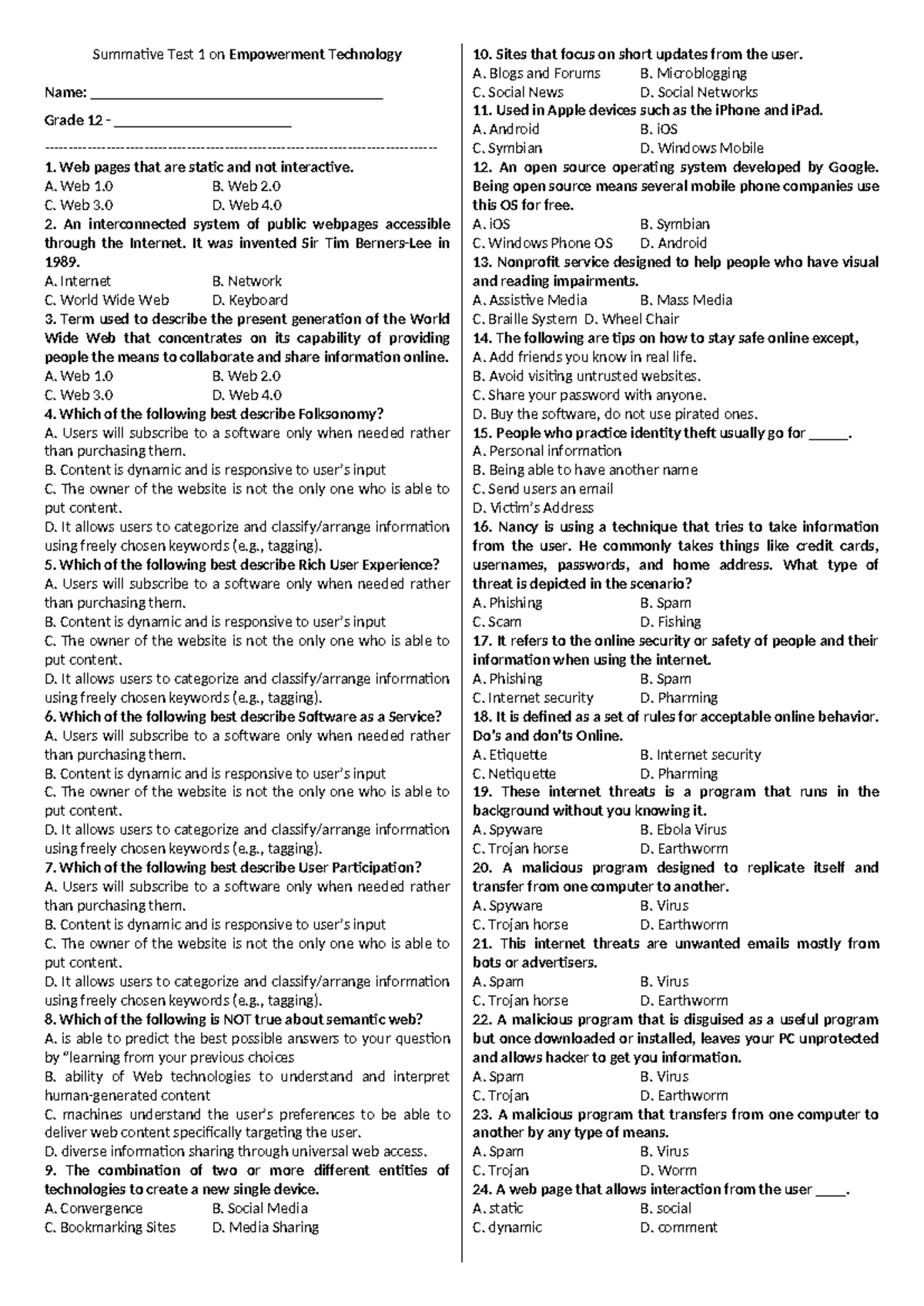 Summative Test 1 on Empowerment Technology - Summative Test 1 on ...