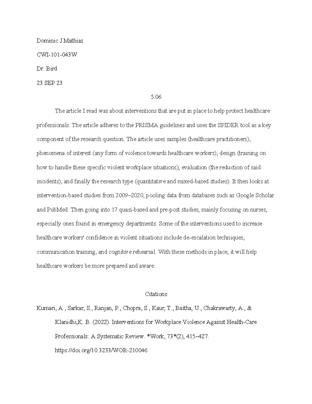 Mathias, Dominic CWI-101 (5 - Dominic J Mathias CWI-101-043W Dr. Bird ...