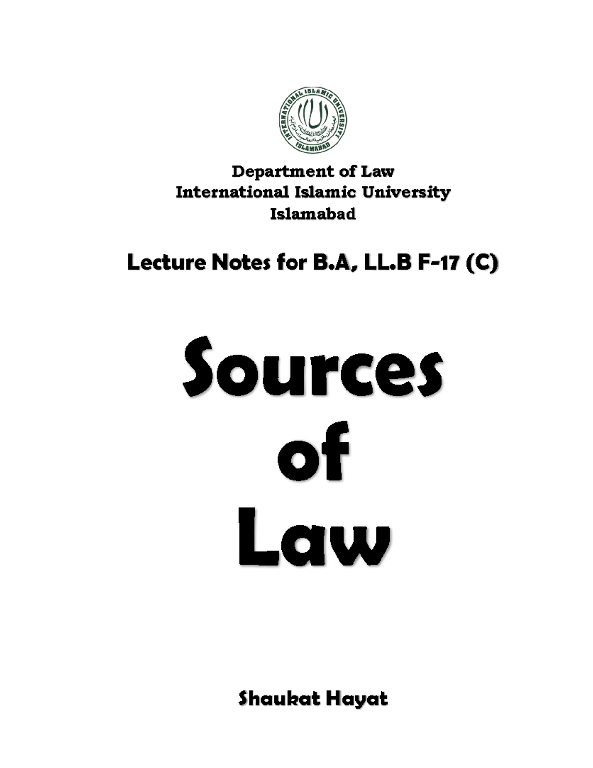 Lesson-6 Lecture Notes Surces of Law F-17 (C) IIUI 2018 - Department of ...