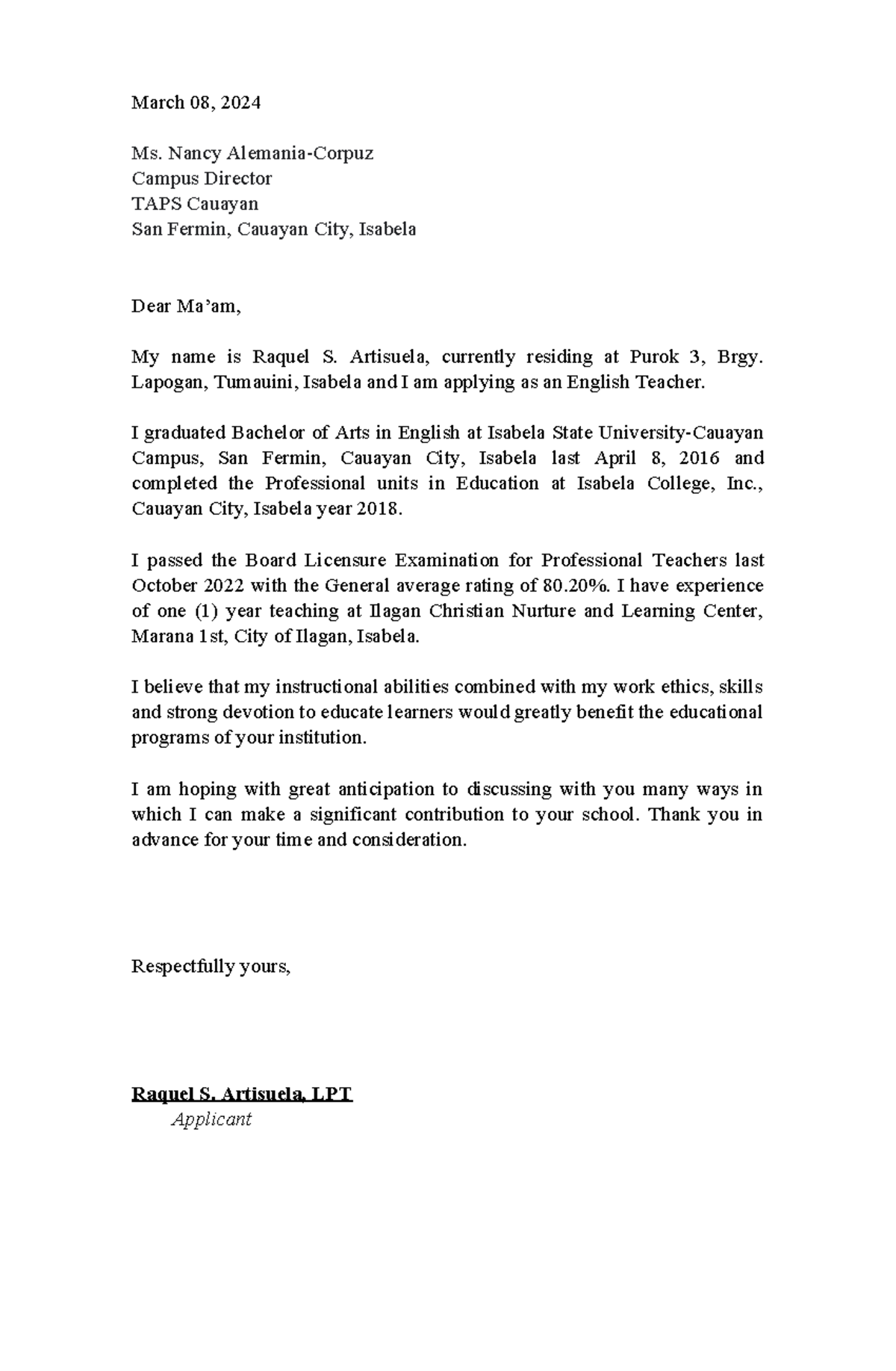 Raquel Letter-of-Intent - March 08, 2024 Ms. Nancy Alemania-Corpuz ...