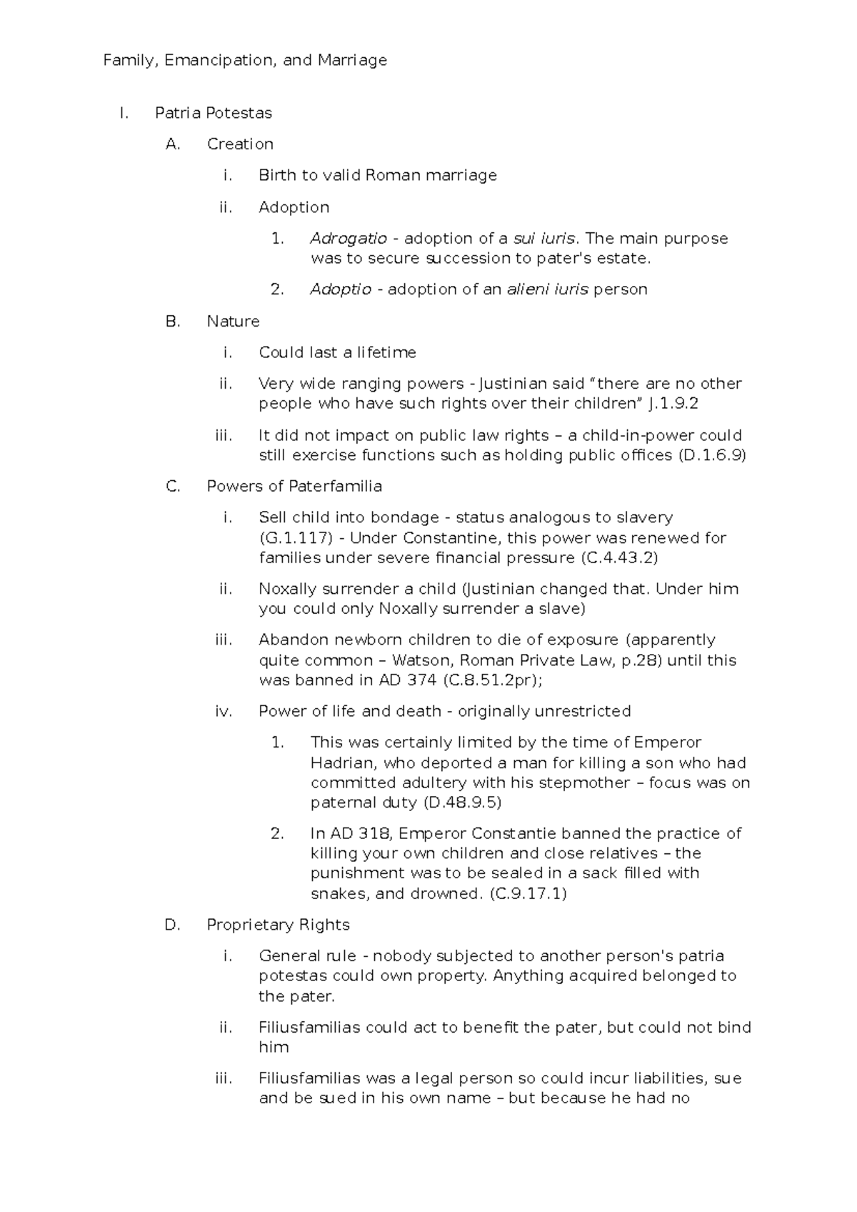 Family, Emancipation and Marriage Notes - I. Patria Potestas A ...