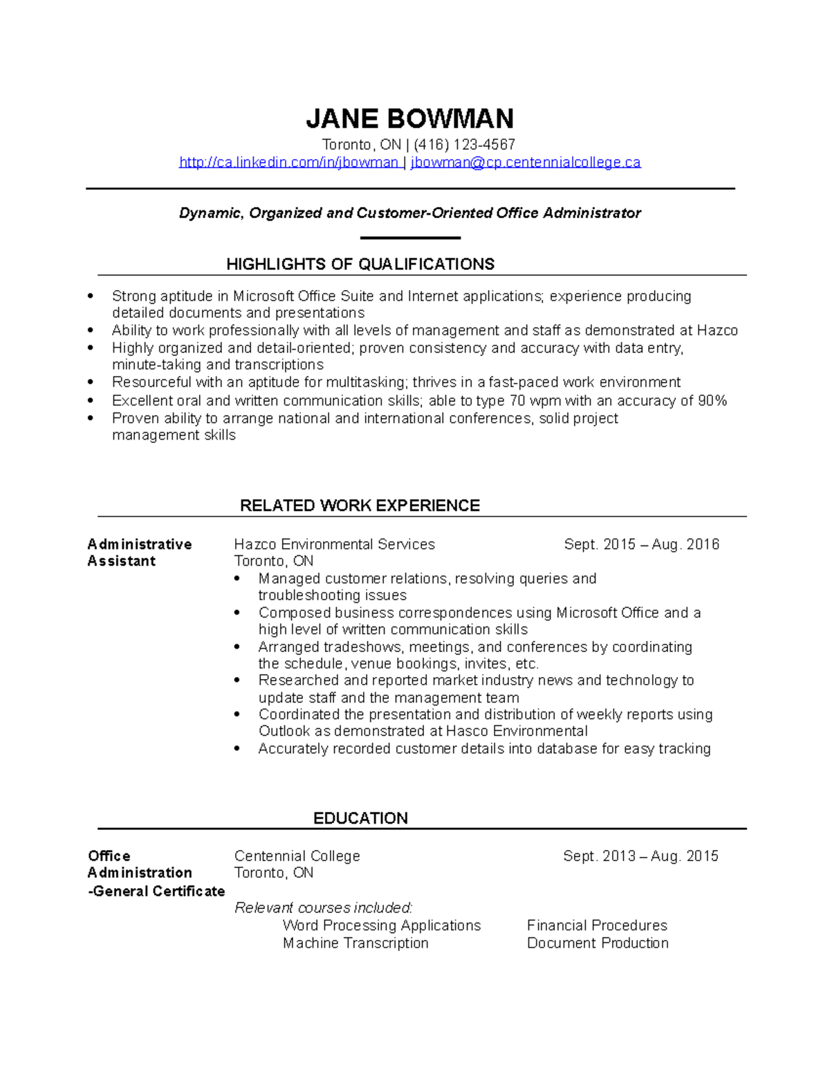 sample resume-converted - CA-323 - Centennial College - Studocu