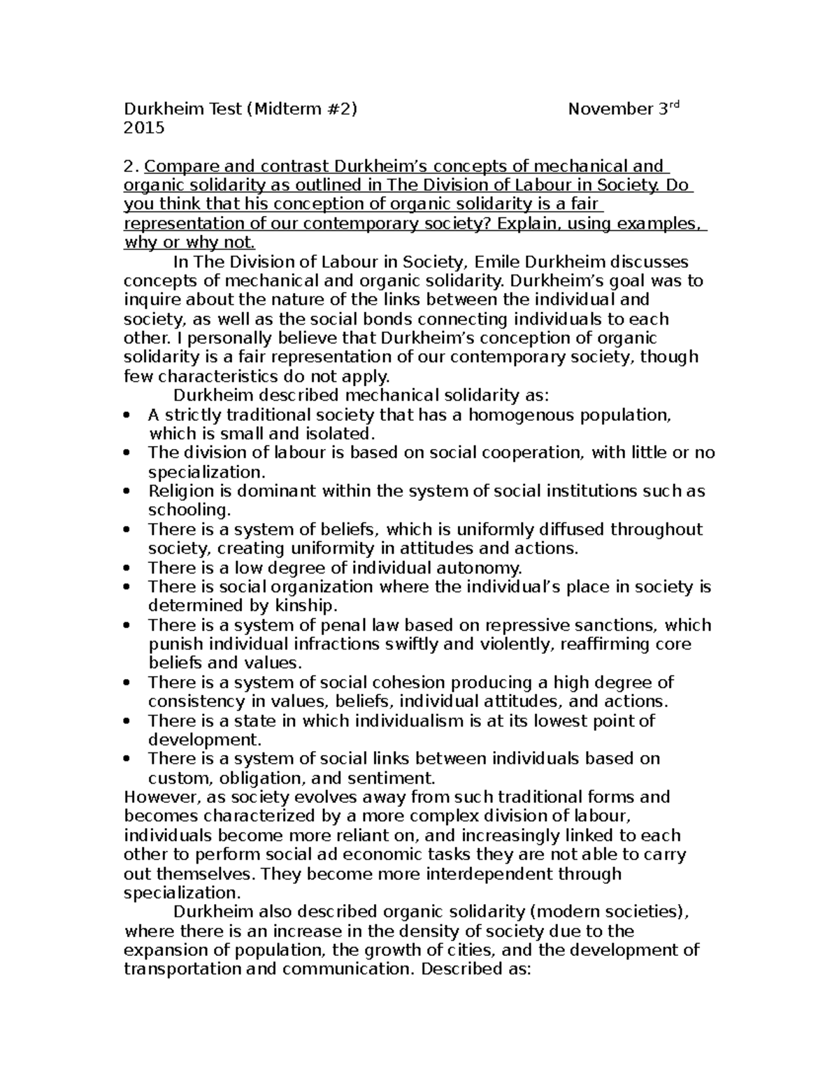 Durkheim Test - Compare and contrast Durkheim’s concepts of mechanical ...