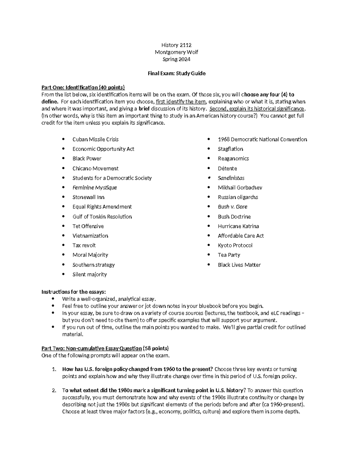 Hist2112 Final Study Guide Spring 2024 - History 2112 Montgomery Wolf ...