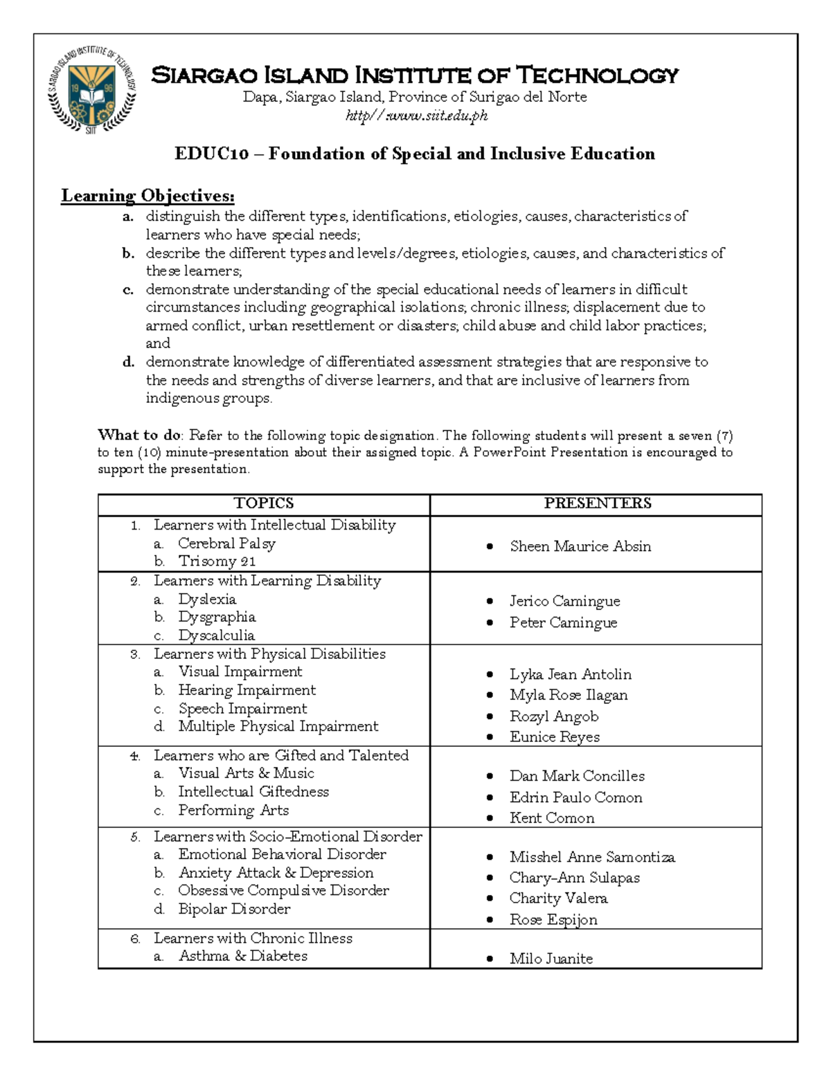 EDUC 10 Topic Designation BSED English III - Siargao Island Institute ...