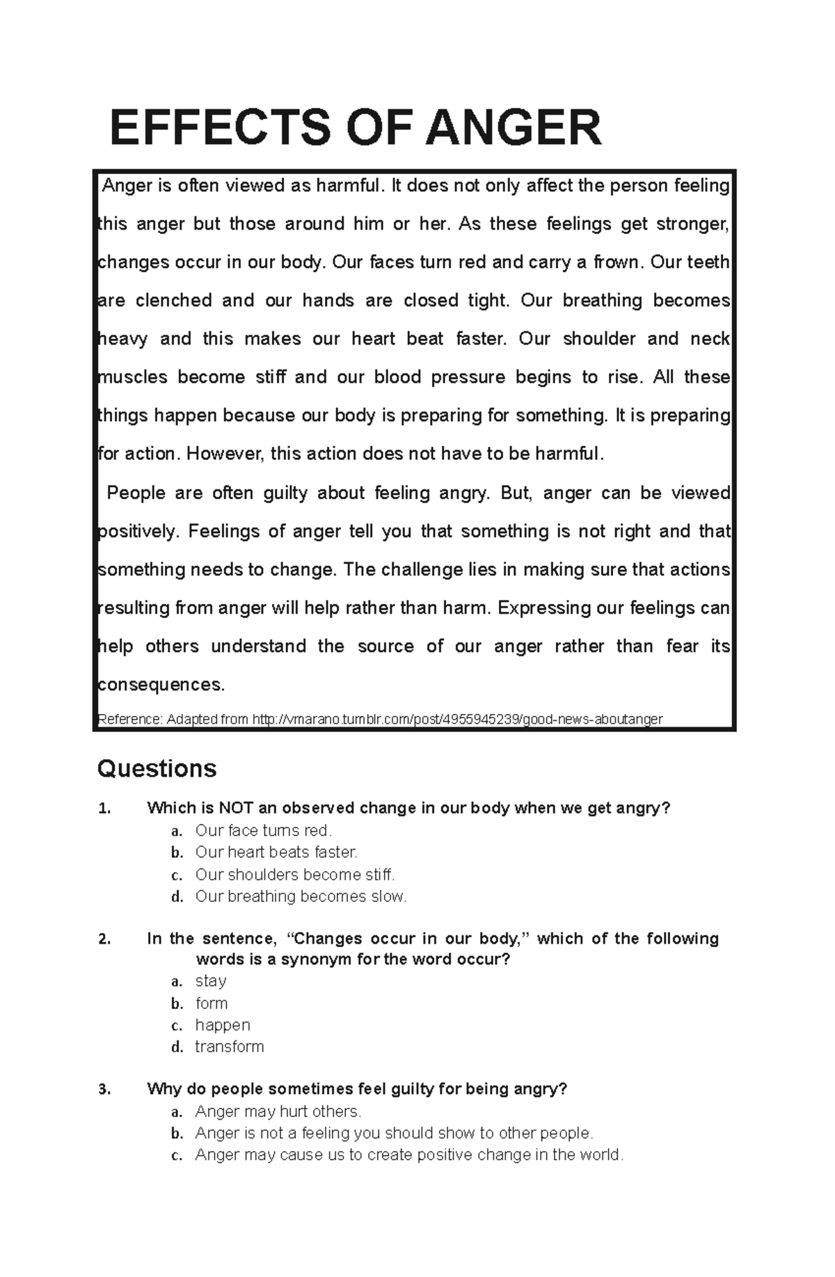 SAMPLE ONLY FOR DOWNLOAD PURPOSES - EFFECTS OF ANGER Anger is often ...