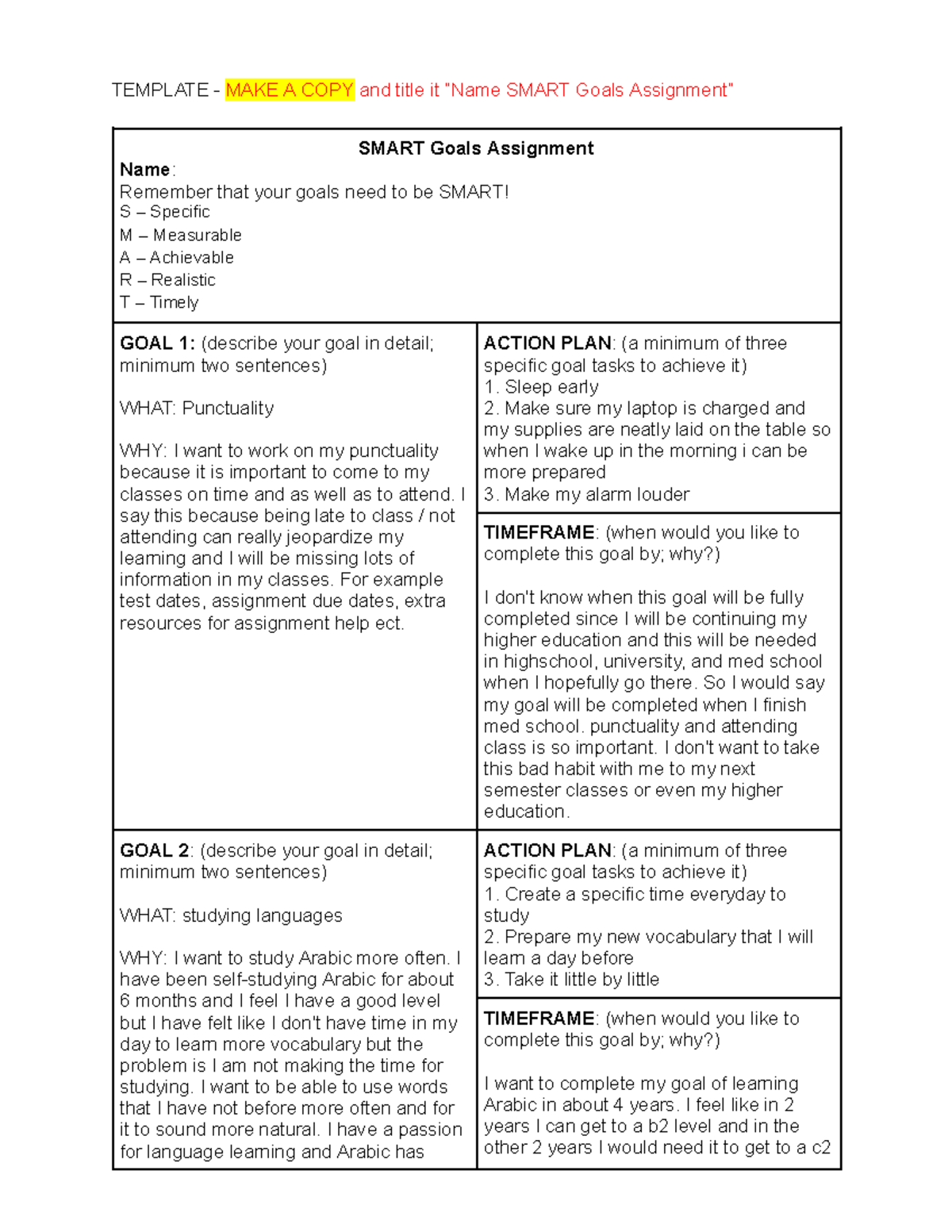 Smart Goals - TEMPLATE - MAKE A COPY and title it “Name SMART Goals Assignment” SMART Goals ...