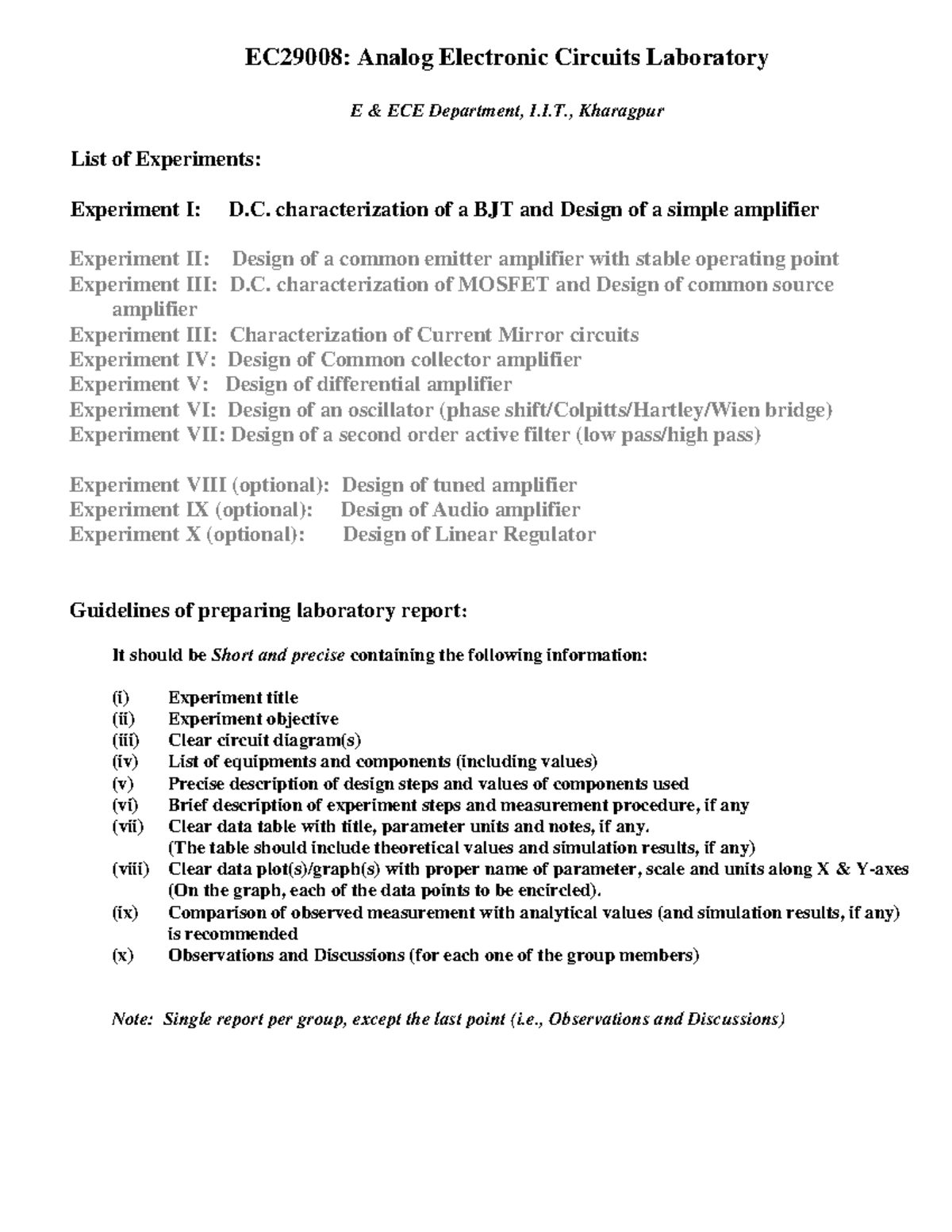 Manual of lab Experiments front page and expt 1 V 3 - EC29008: Analog Electronic Circuits ...