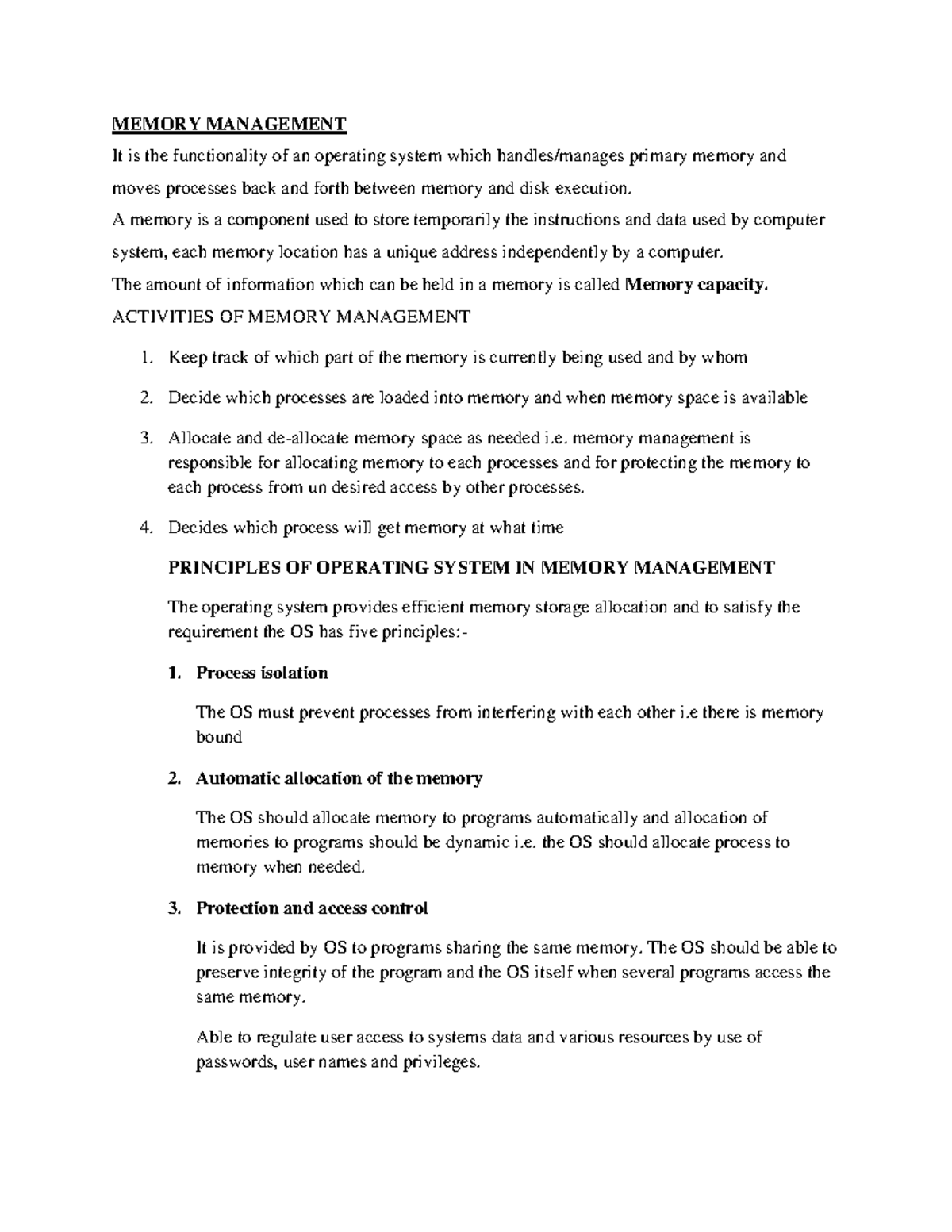 Memory Management - MEMORY MANAGEMENT It is the functionality of an operating system which - Studocu