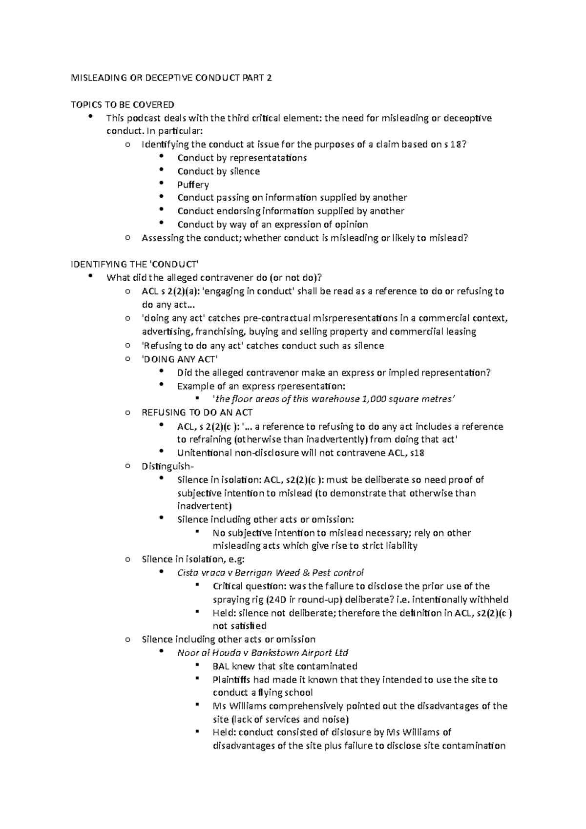 WEEK 6 Lecture LLB204 - misleading or deceptive conduct part 2 ...