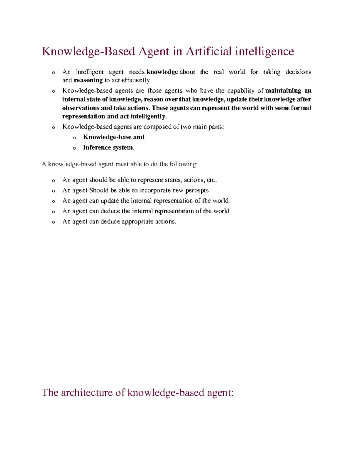 AI UNIT 3 - AI notes - Knowledge-Based Agent in Artificial intelligence ...